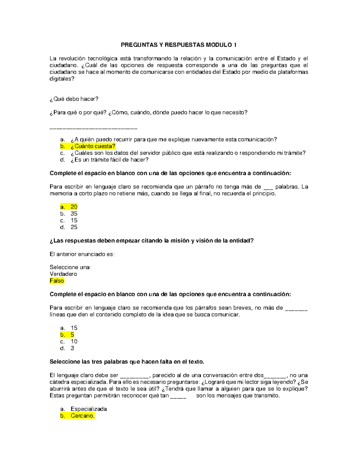 Respuesta Curso Lenguaje Claro - PREGUNTAS Y RESPUESTAS MODULO 1 La ...