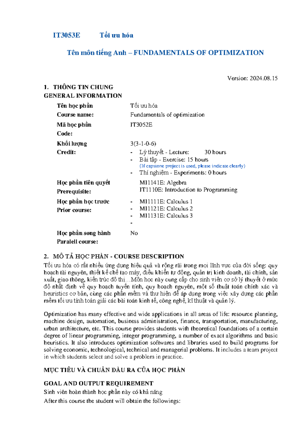 IT3052E Fundamental Of Optimization Version 2024 08 15 - IT3053E Tối ưu hóa Tên môn tiếng Anh ...