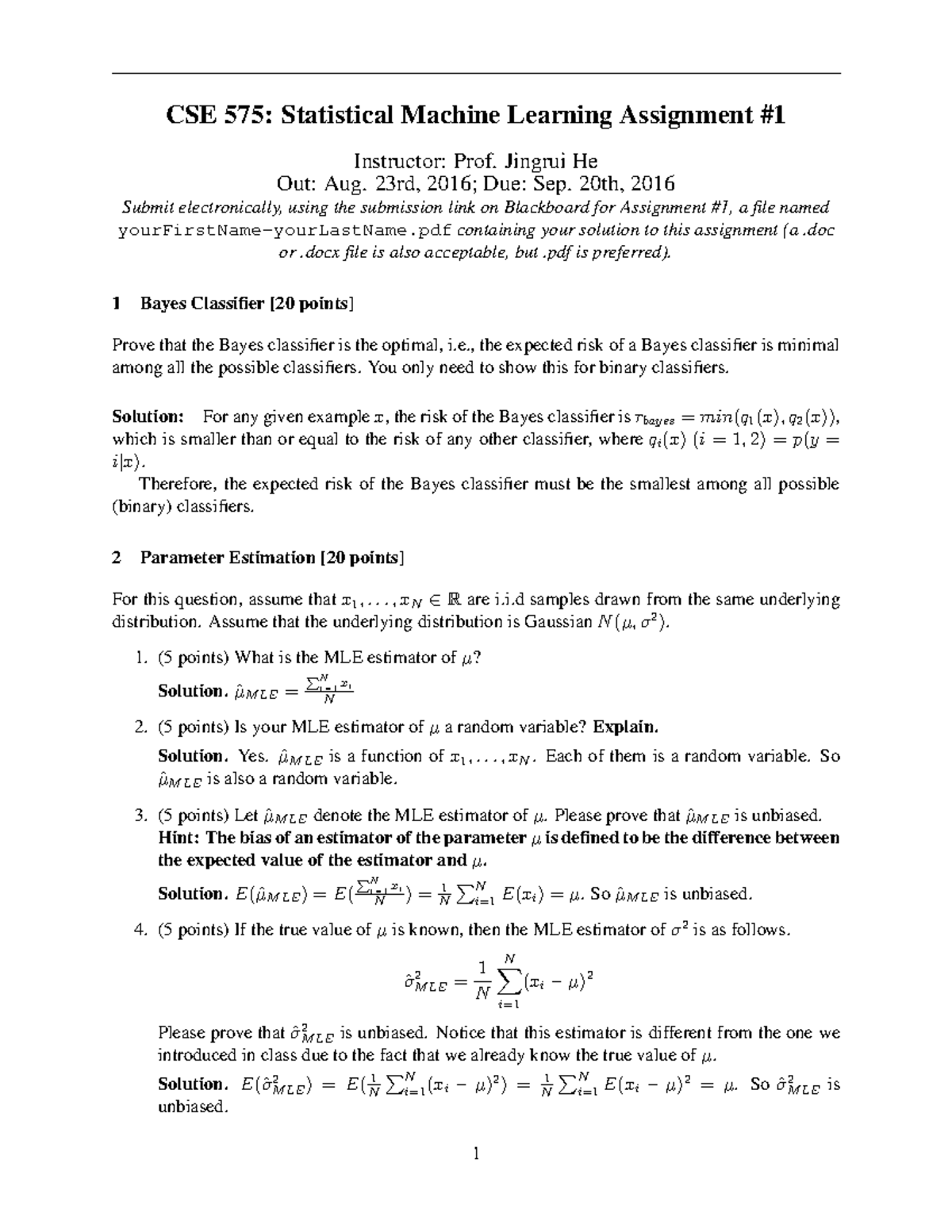 A1sol - Assignment 1 Solution - CSE 575: Statistical Machine Learning Assignment Instructor ...
