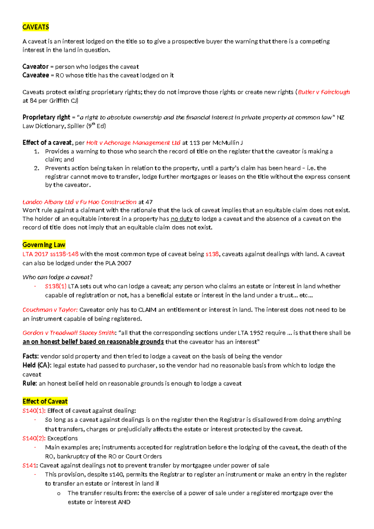LAND Summary - Notes - CAVEATS A caveat is an interest lodged on the ...