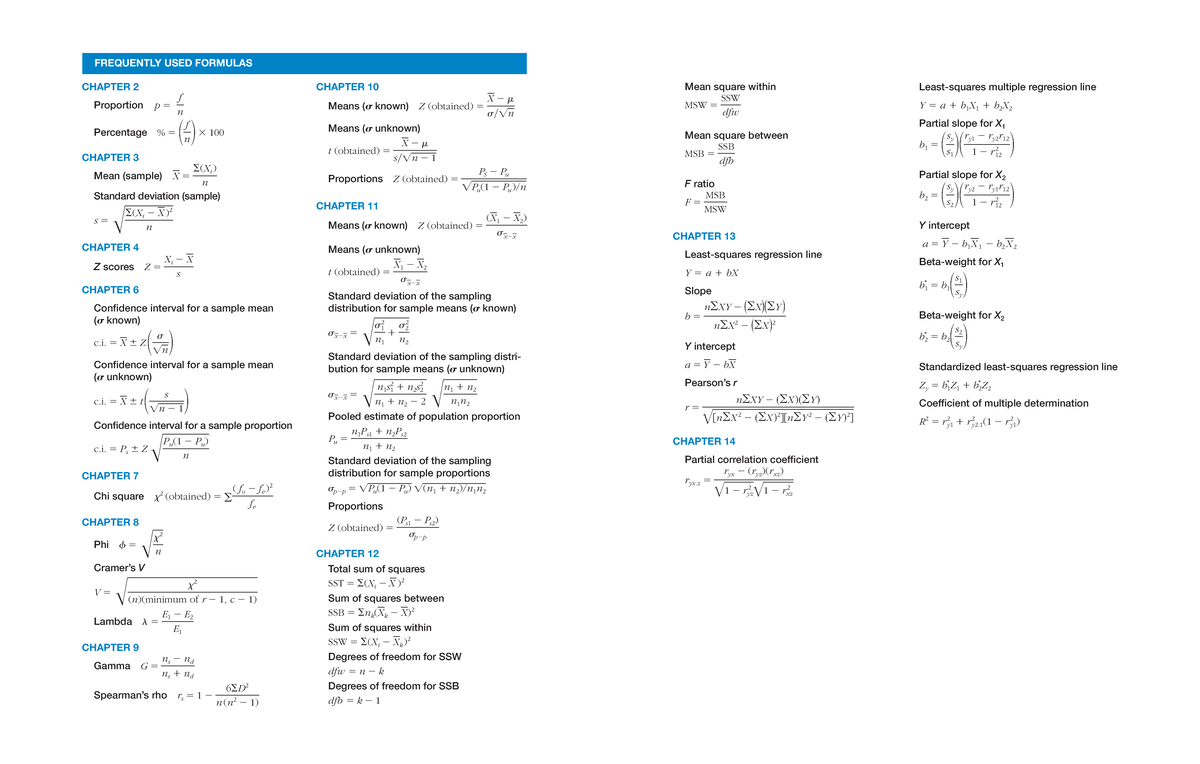 Frequently Used Formulas - CHAPTER 2 Proportion p 5 f n Percentage % 5 ...