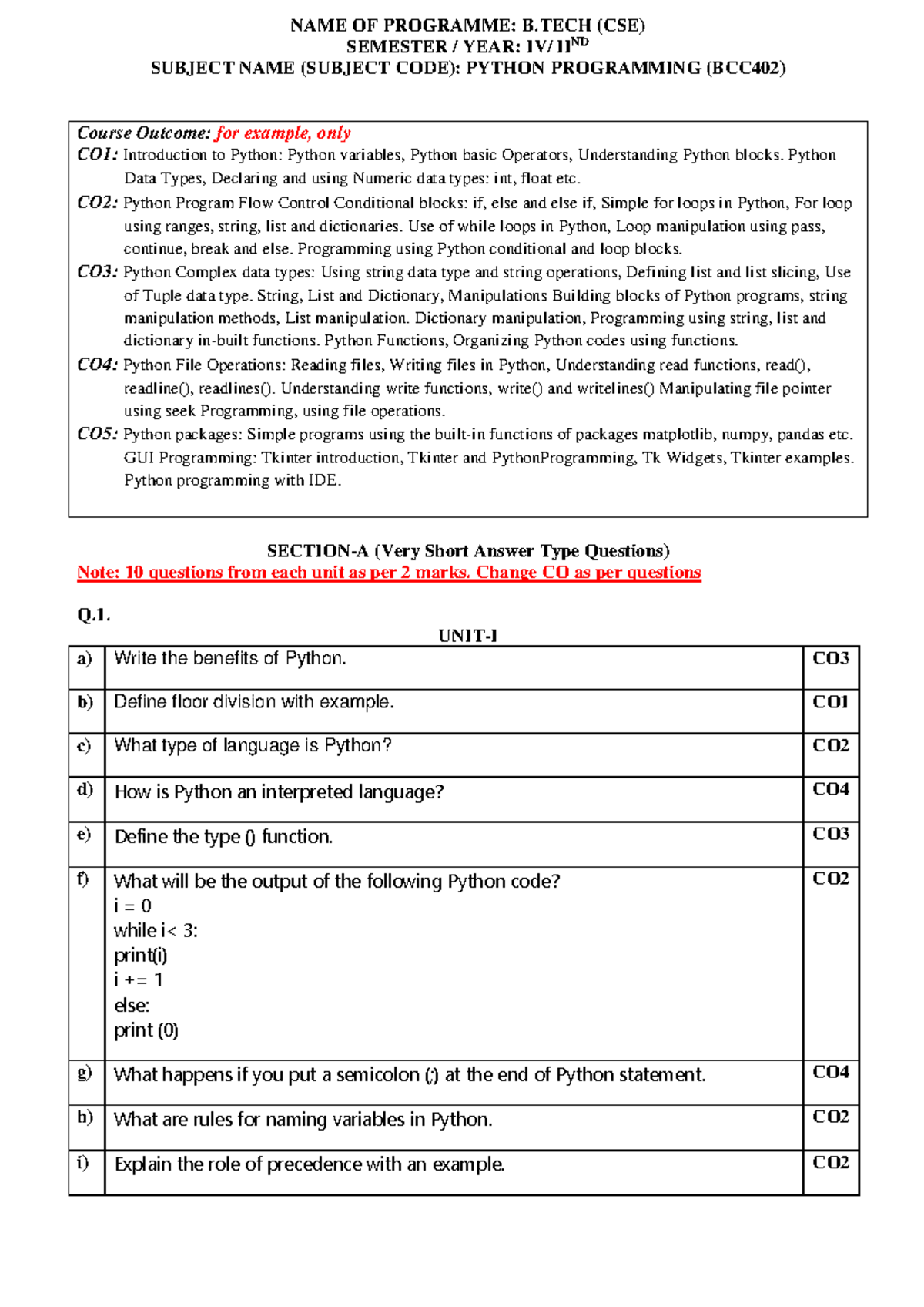 Python Question Bank Format - NAME OF PROGRAMME: B (CSE) SEMESTER ...