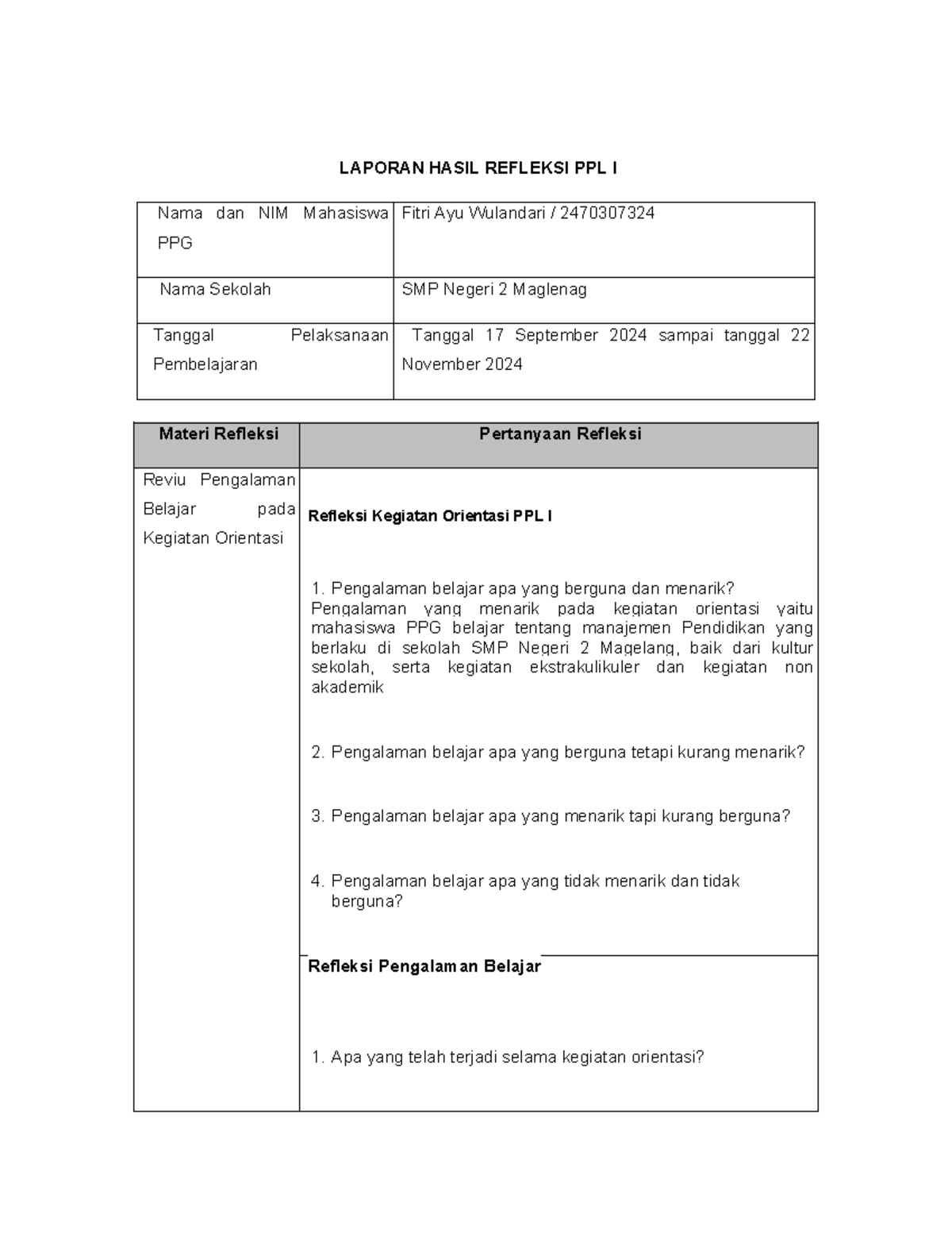 Lampiran 7. LK 6 Contoh Format Laporan Hasil Refleksi PPL I - LAPORAN ...