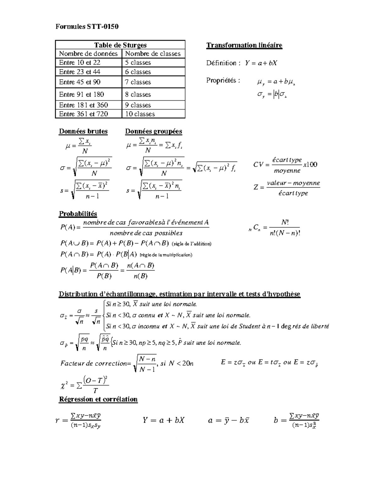 Formules STT0150 Z1 - Formules STT- Table de Sturges Transformation ...
