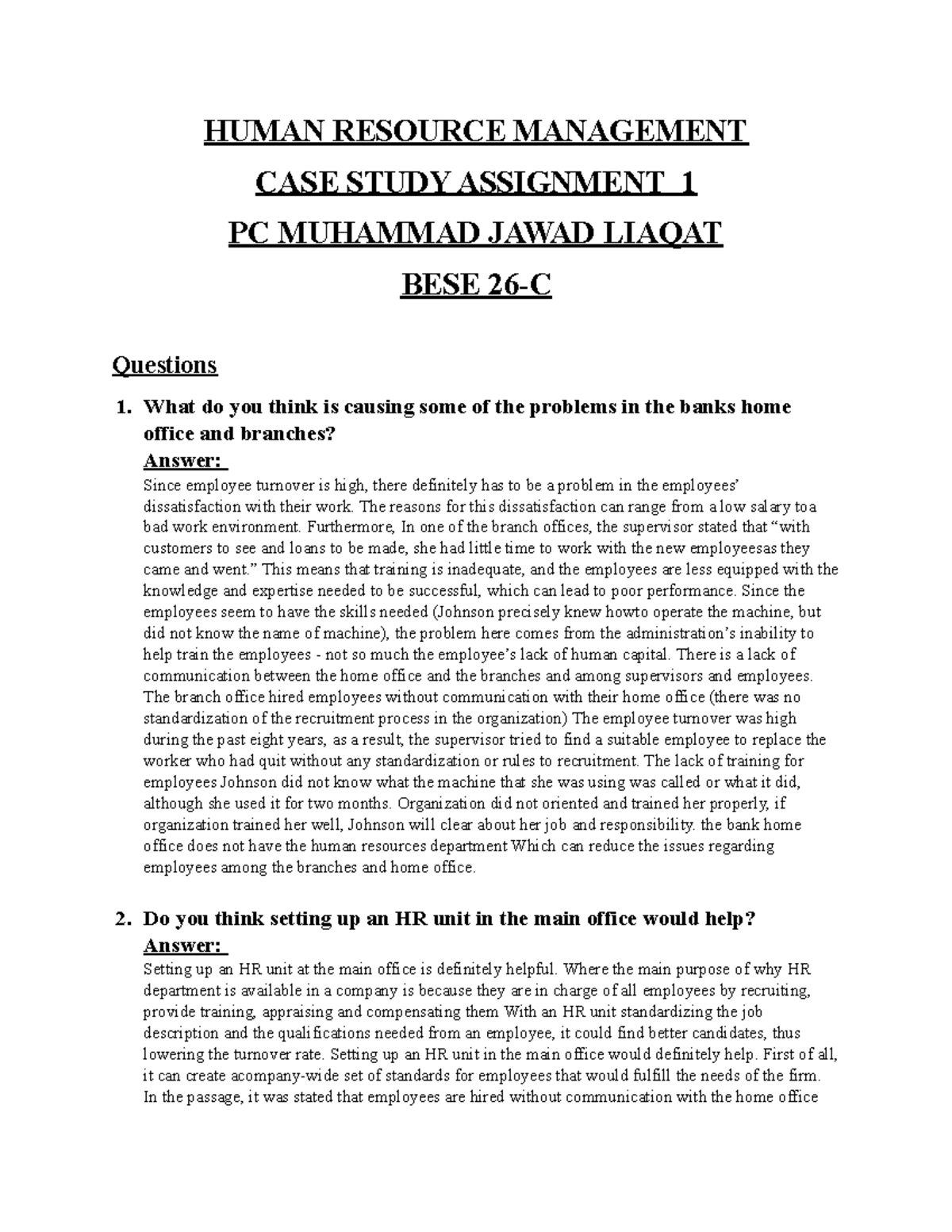 Human Resource Management A1 - HUMAN RESOURCE MANAGEMENT CASE STUDY ...