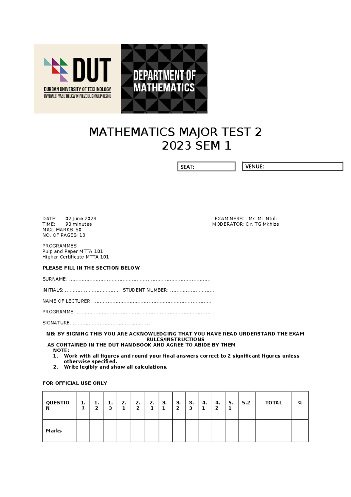Mathematics Major TEST 2 2023 Memo - MATHEMATICS MAJOR TEST 2 2023 SEM ...