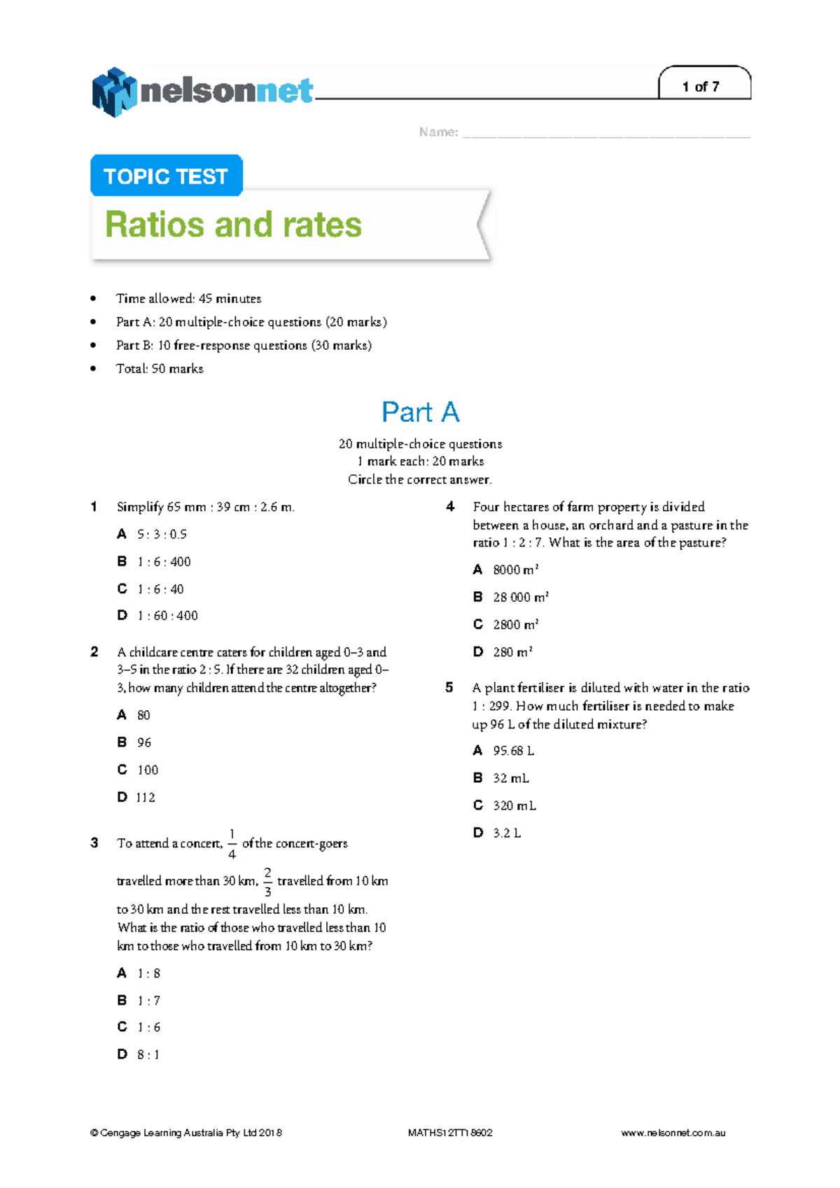 Maths 12TT18602 - Rates and Ratios, Practice Test - Name