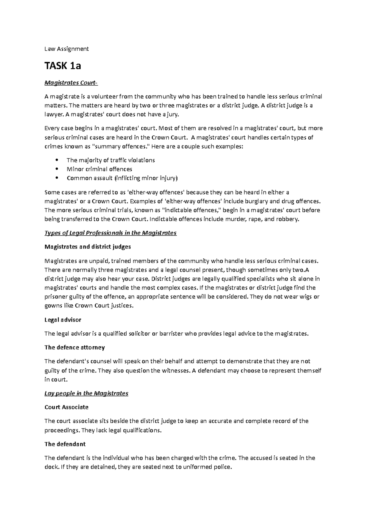 Law Assignment Criminal Justice System - Law Assignment TASK 1a ...