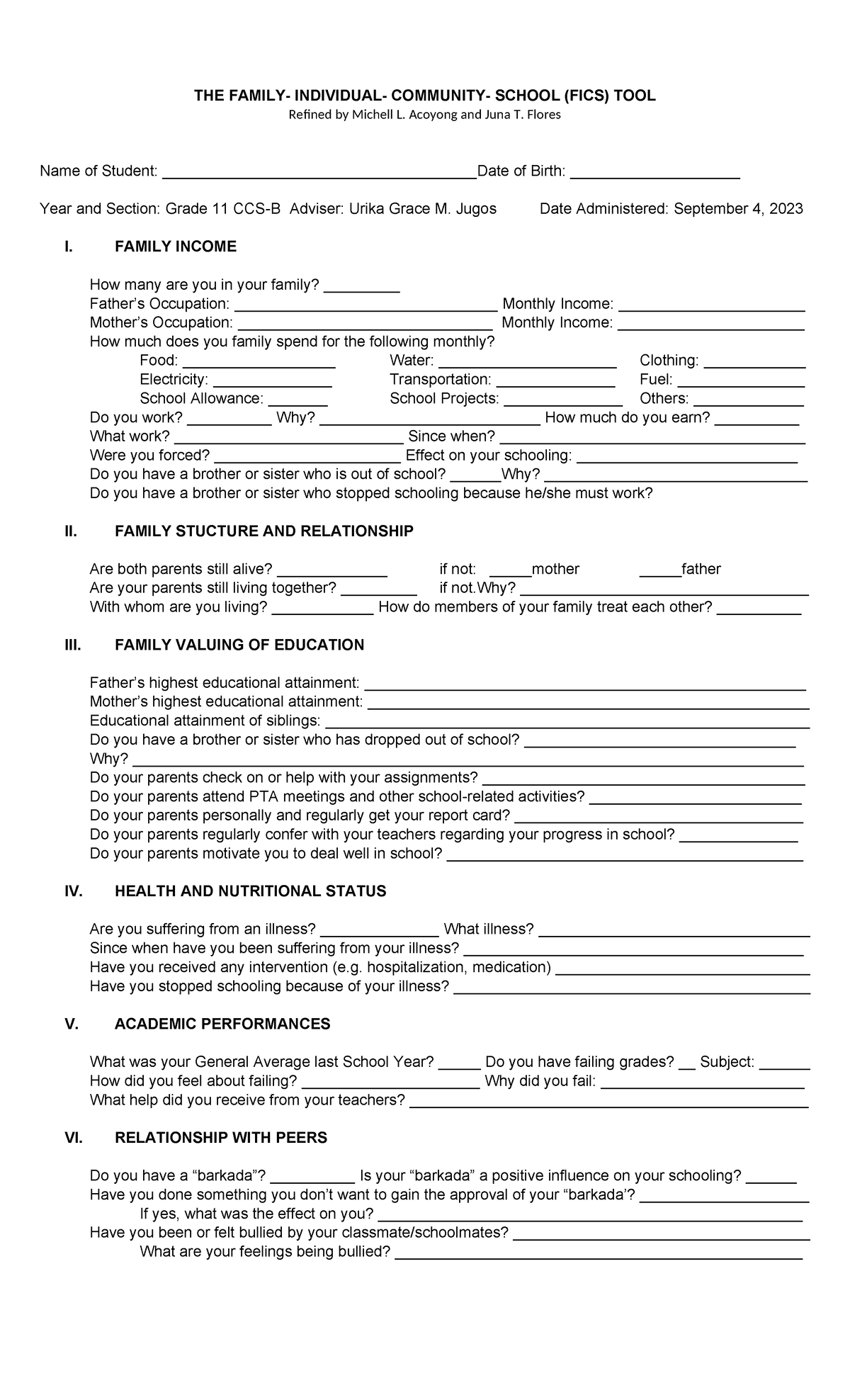 FICS-TOOL - THE FAMILY- INDIVIDUAL- COMMUNITY- SCHOOL (FICS) TOOL - THE ...