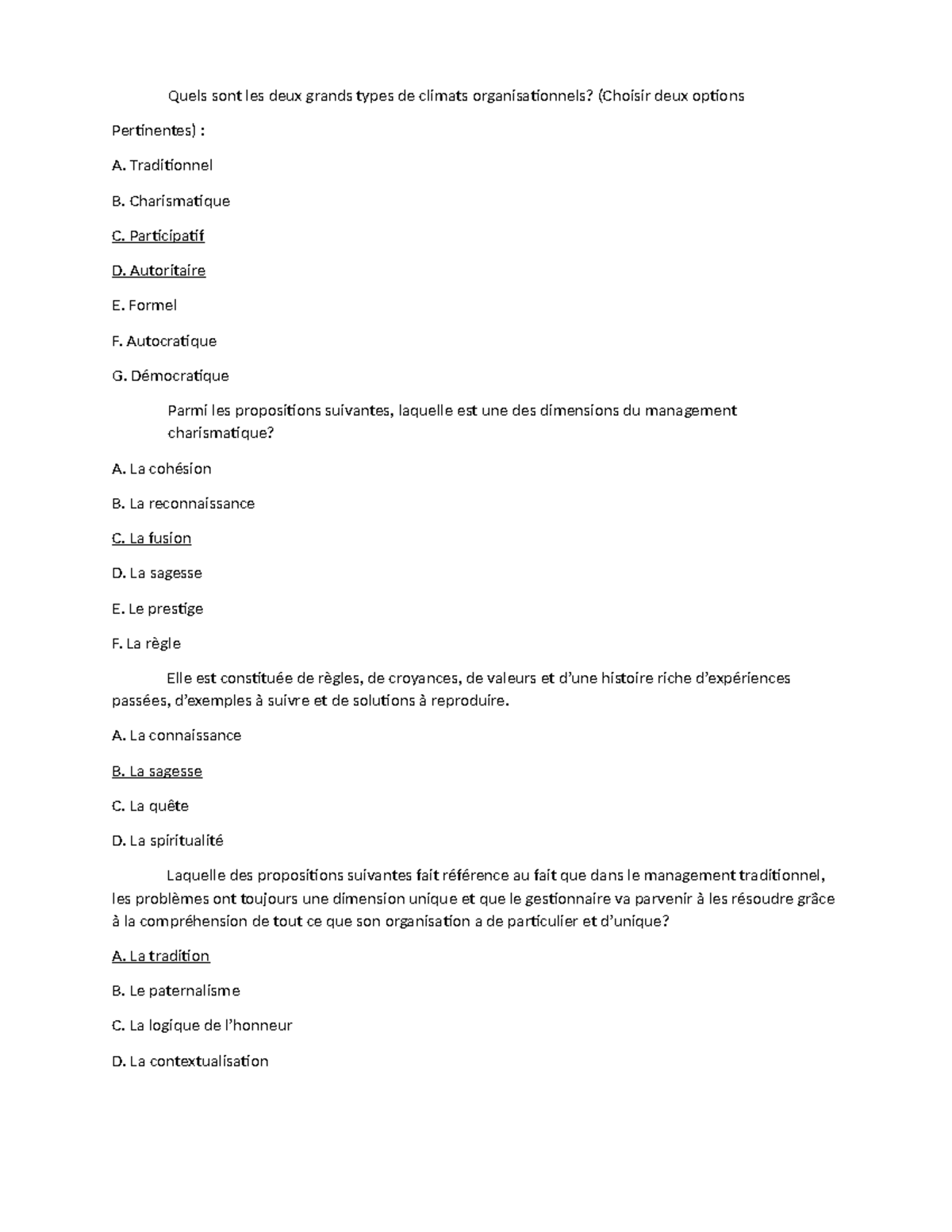 QUIZ 2 Management - Quels sont les deux grands types de climats organisationnels? (Choisir deux ...