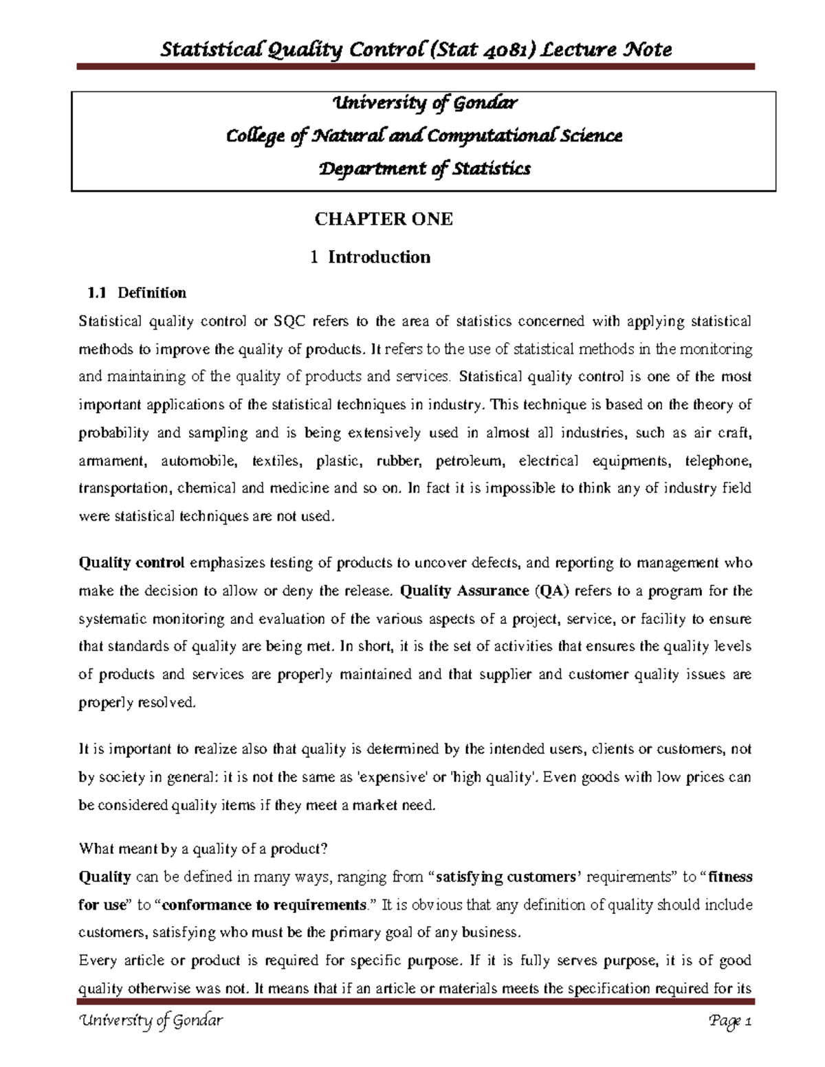 SQC (Ch 1 & 2) - University of Gondar College of Natural and ...