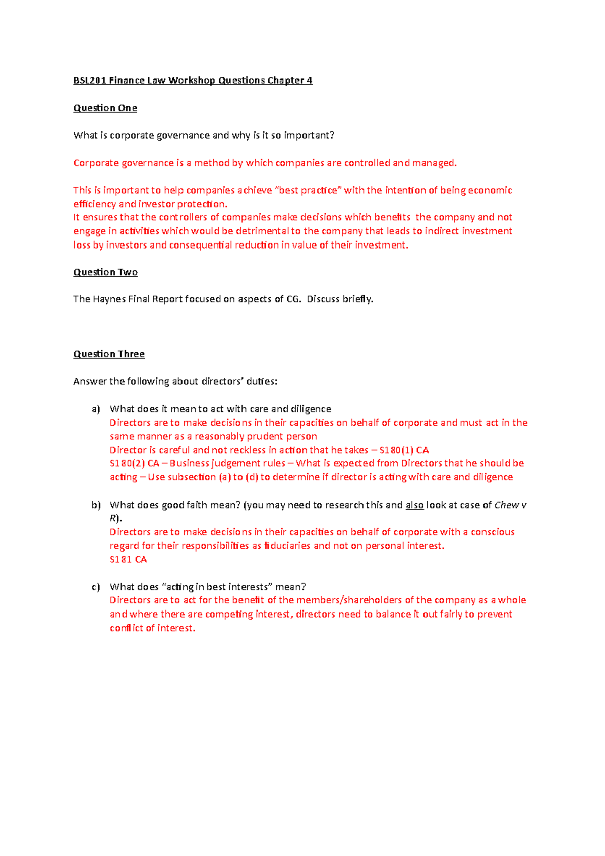 Workshop questions chapter 4 - BSL201 Finance Law Workshop Questions ...