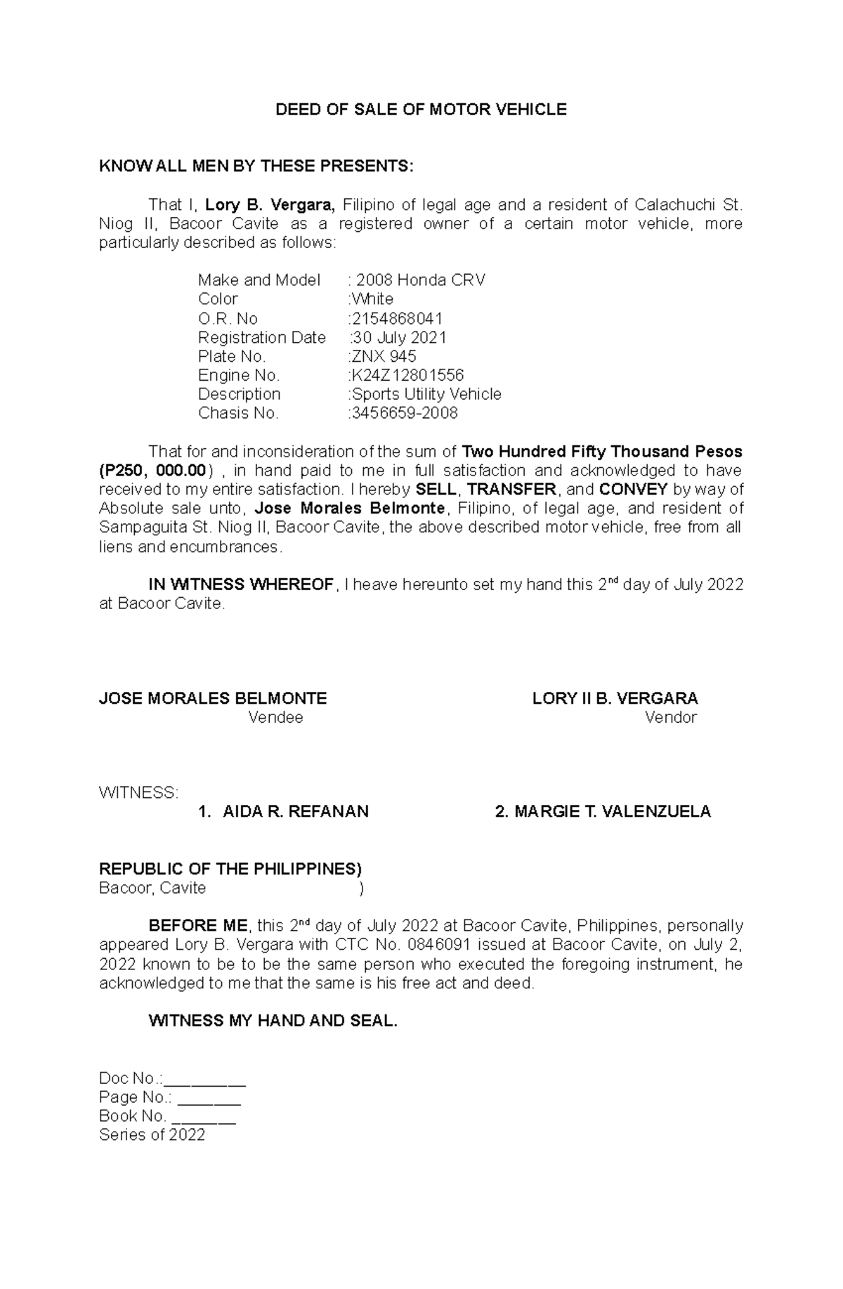 ( Revised) DEED OF SALE OF Motor Vehicle - DEED OF SALE OF MOTOR ...