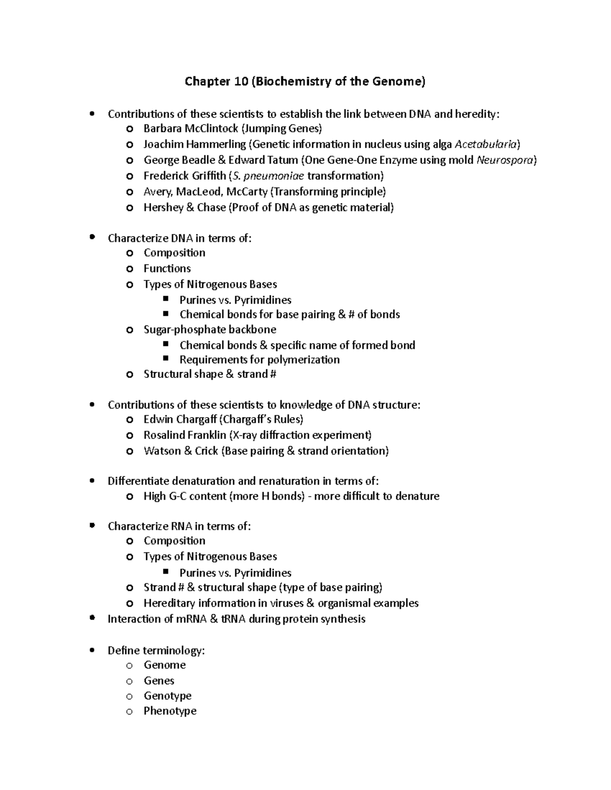 Chapter 10 Study Guide - Chapter 10 (Biochemistry of the Genome ...