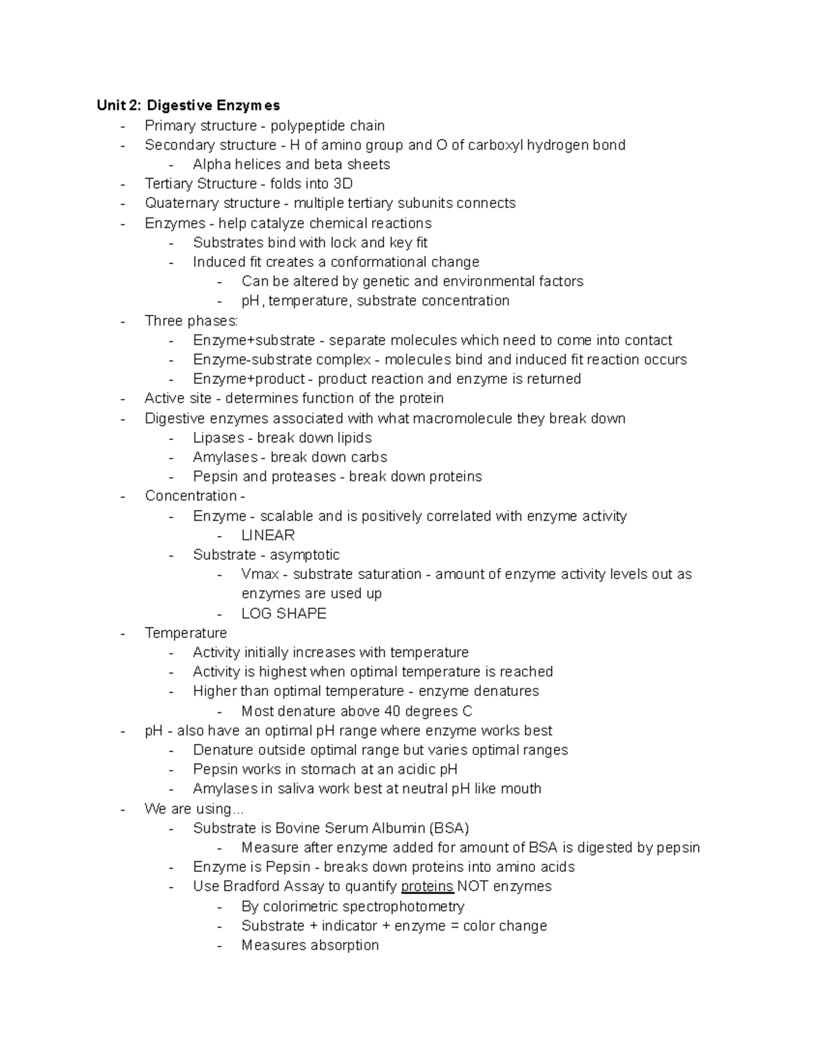 IB 202 Lab Notes - Unit 2 - Unit 2: Digestive Enzymes - Primary ...