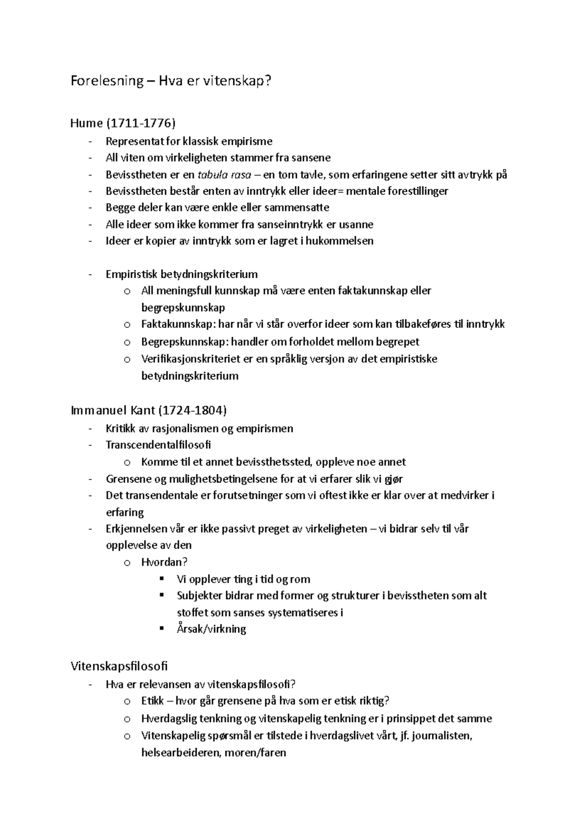 Hva er vitenskap? Normative og deskriptive teorier - Forelesning – Hva er vitenskap? Hume - Studocu