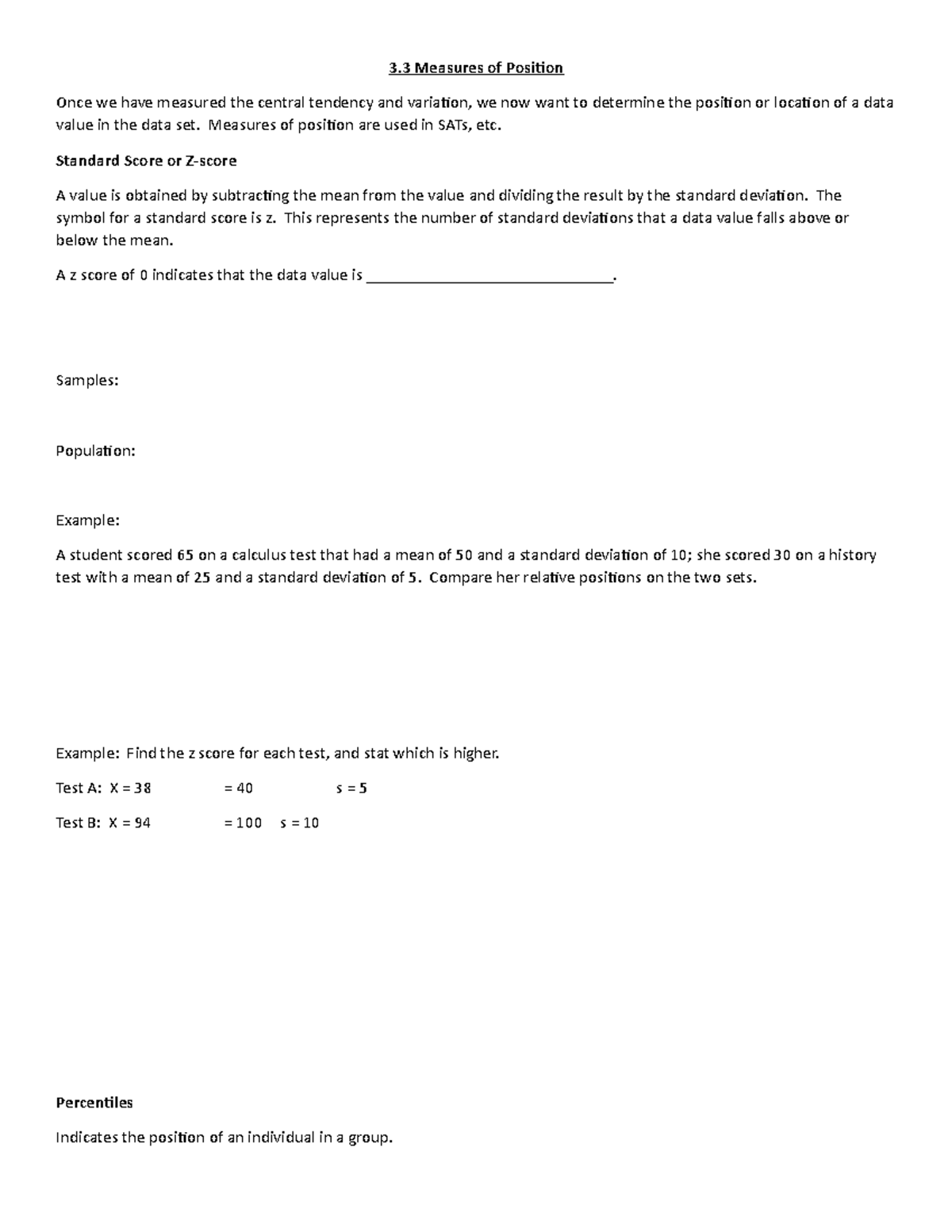 3.3 Notes - Practice problems for statistics - 3 Measures of Position ...