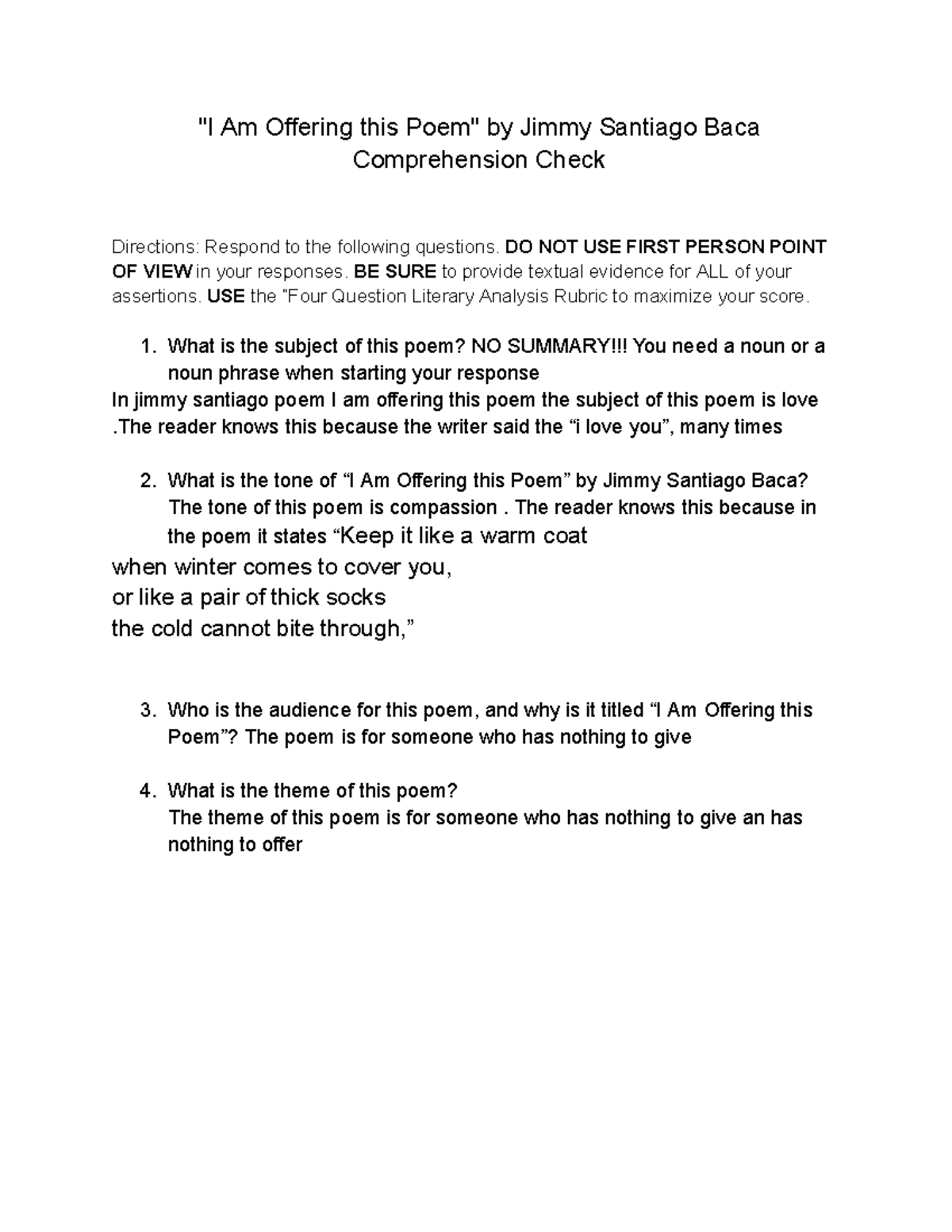 Copy of "I Am Offering this Poem" by Jimmy Santiago Baca Comprehension ...