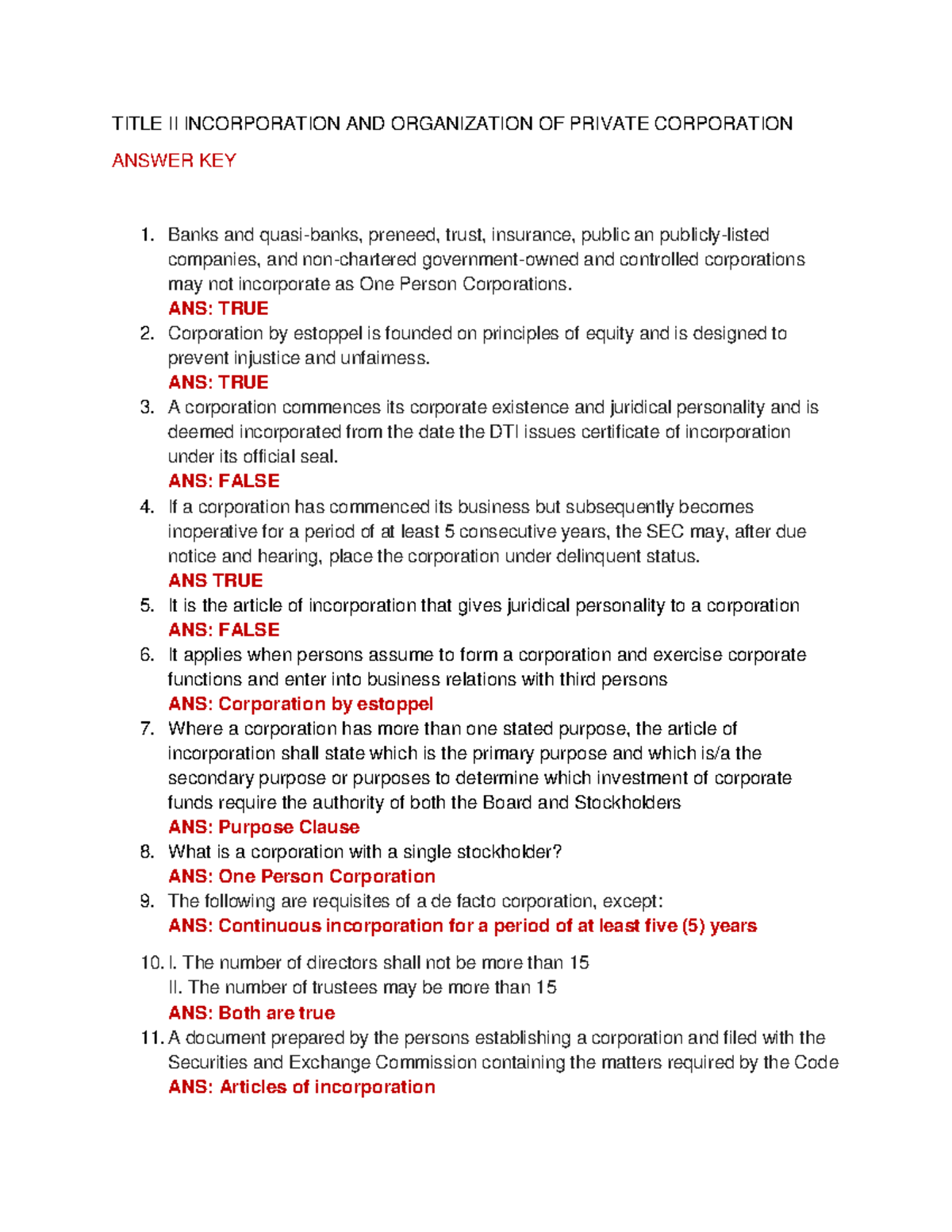 Answer KEY Title II - notes - TITLE II INCORPORATION AND ORGANIZATION ...