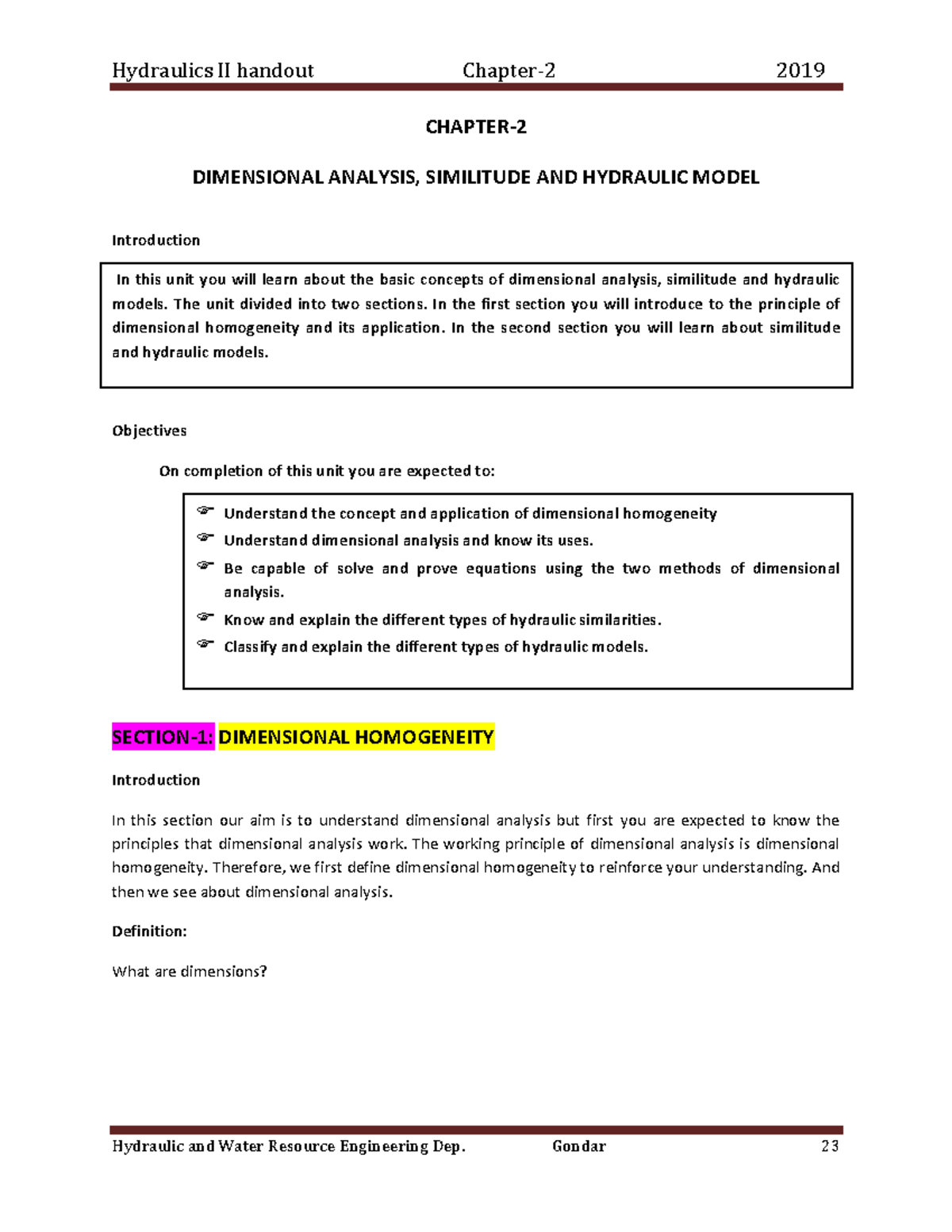Chapter 2 - for student-1 - CHAPTER- DIMENSIONAL ANALYSIS, SIMILITUDE AND HYDRAULIC MODEL - Studocu