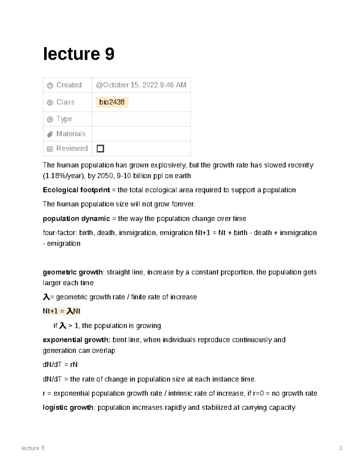 Lecture 9 - midterm revision - lecture 9 1 lecture 9 Created Class bio Type Materials Reviewed ...