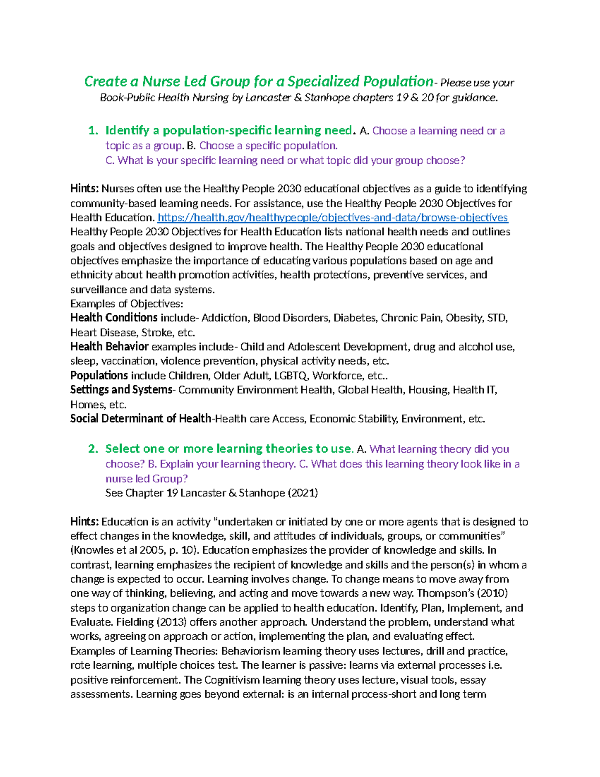 Create a Nurse Led Group for a Specialized Population Class Activity 1 ...