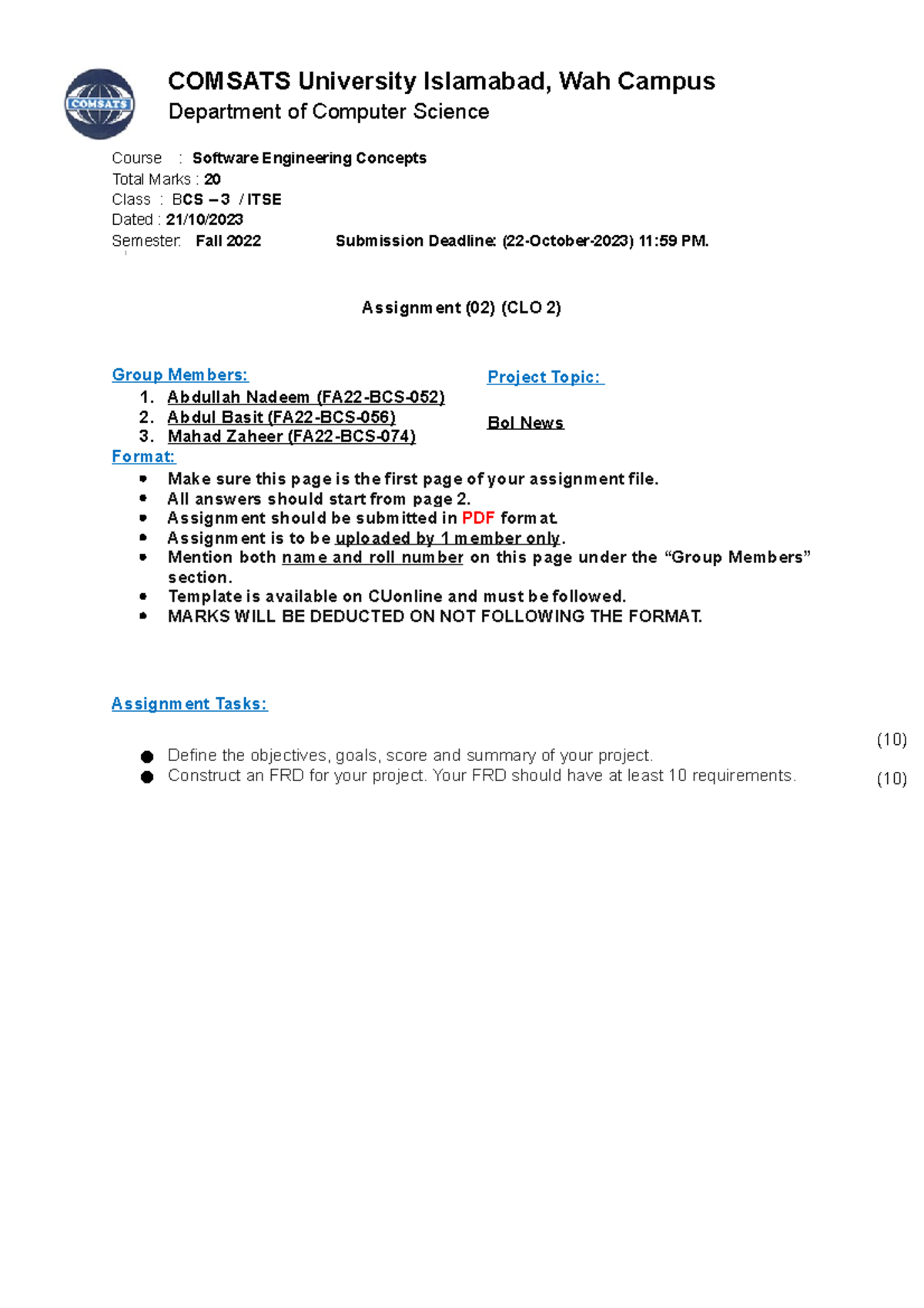 Assignment-2 (Sec) - COMSATS University Islamabad, Wah Campus Department of Computer Science ...