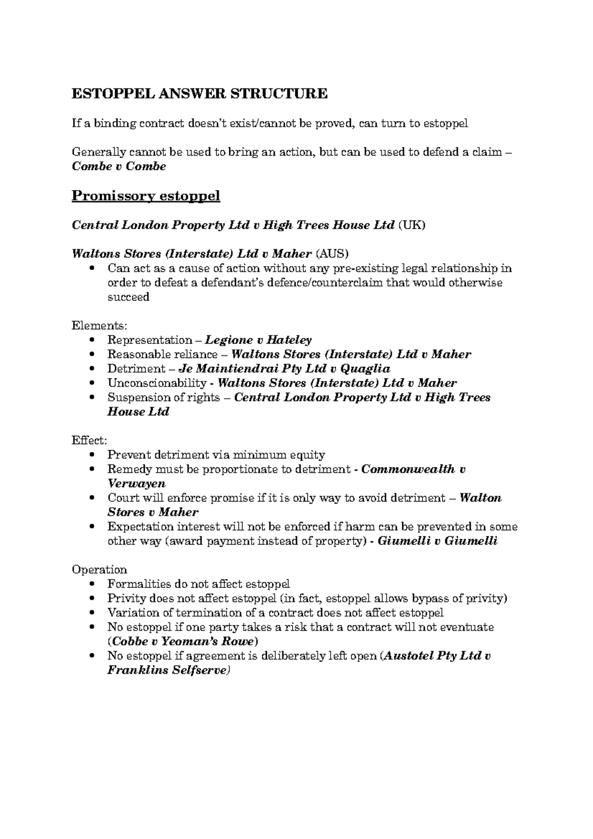 Week 5 - Estoppel Summary - ESTOPPEL ANSWER STRUCTURE If a binding ...