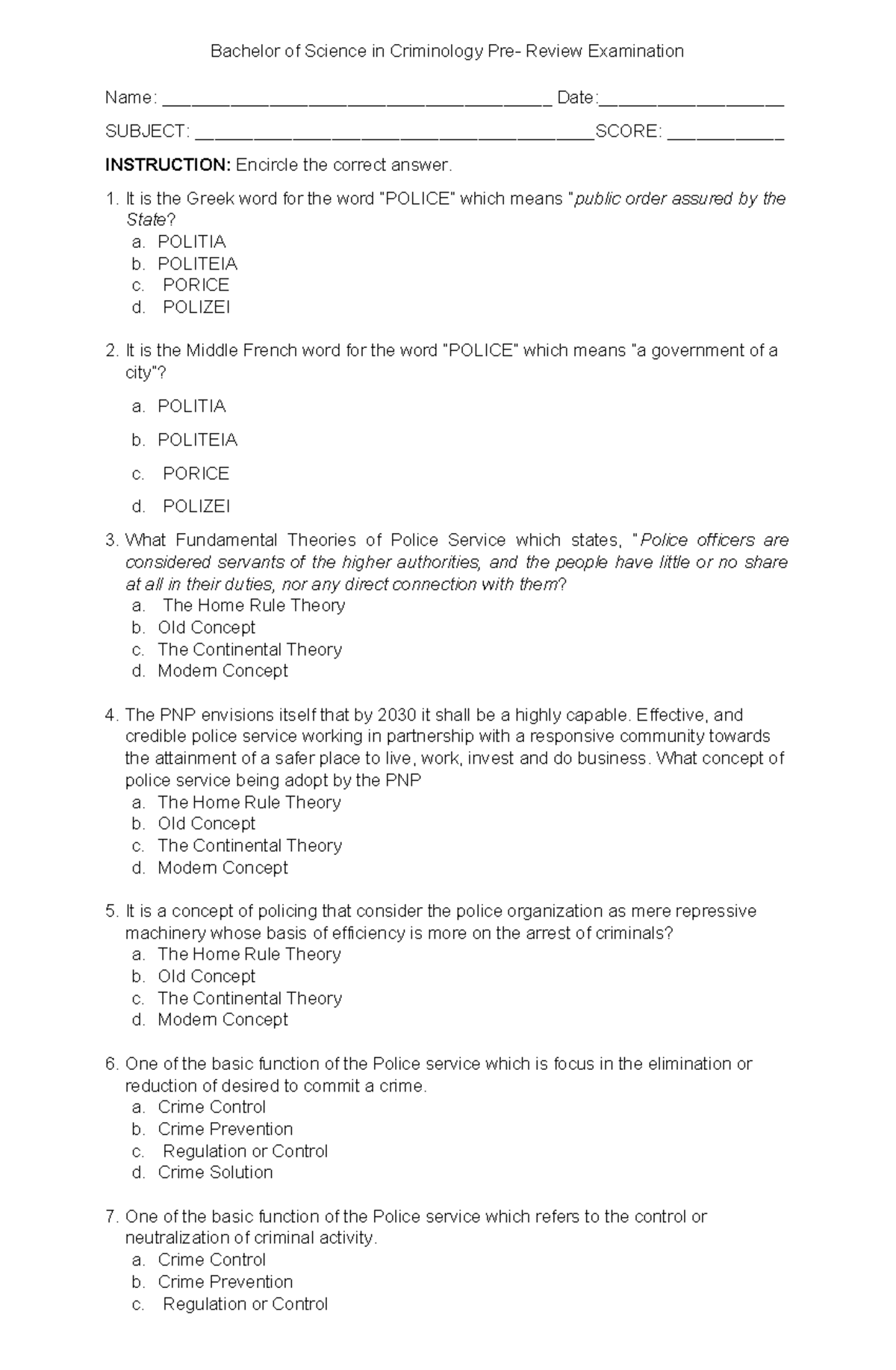 TEST Questionare FOR LEA - Bachelor of Science in Criminology Pre ...