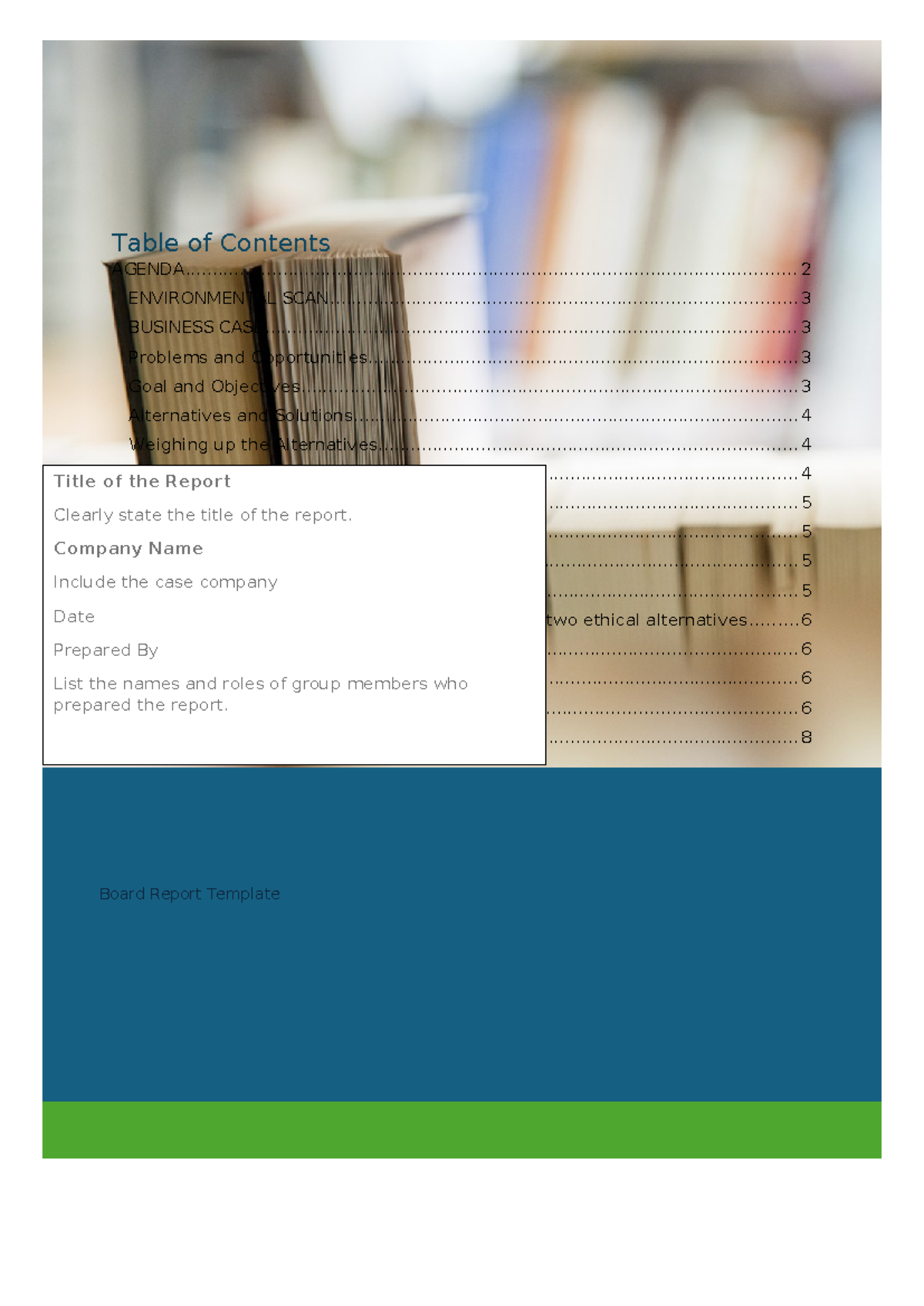 OBS 214 group assignmetn report template - Board Report Template Table of Contents - Studocu