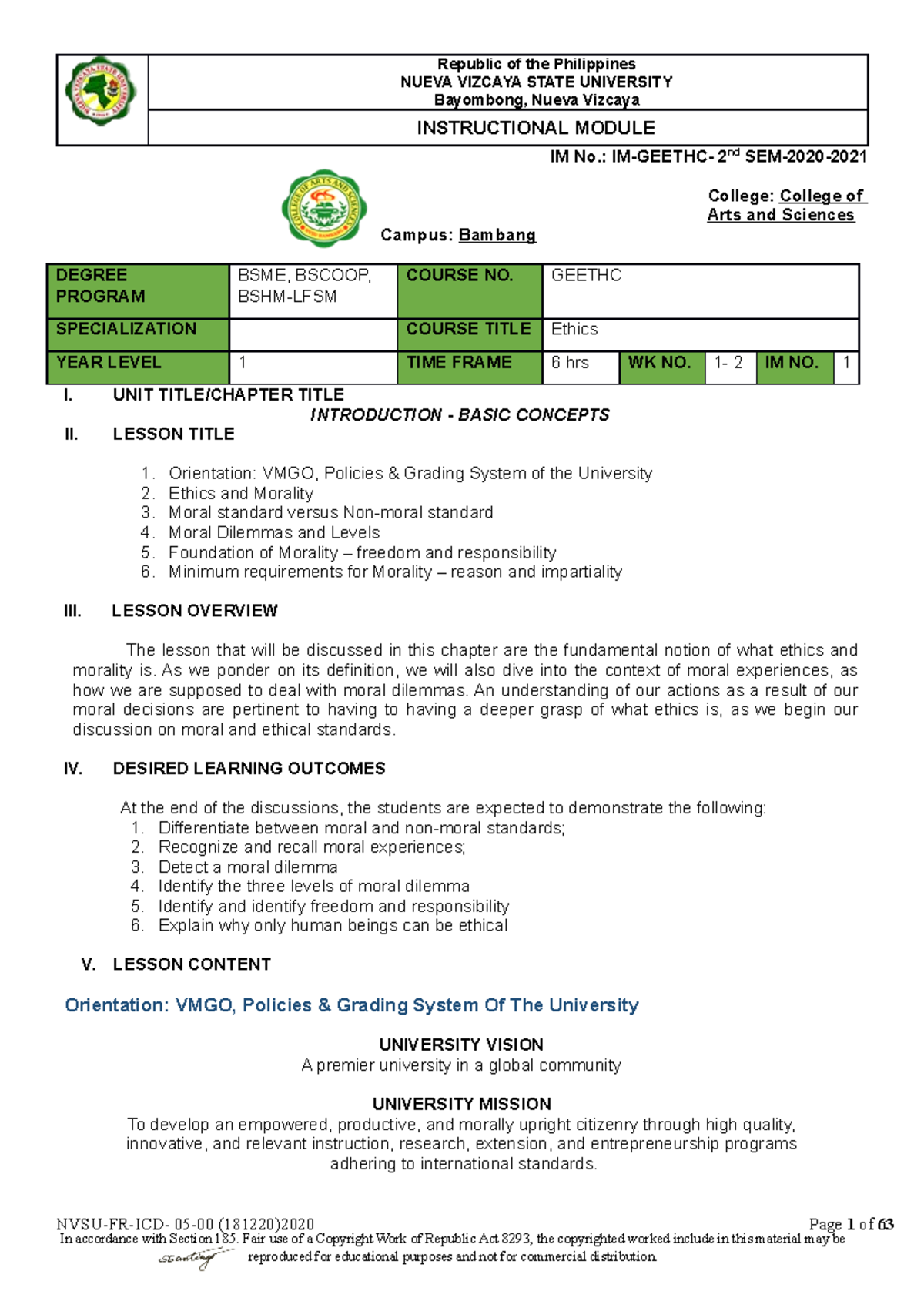 Ethics Lecture Notes - NUEVA VIZCAYA STATE UNIVERSITY Bayombong, Nueva ...