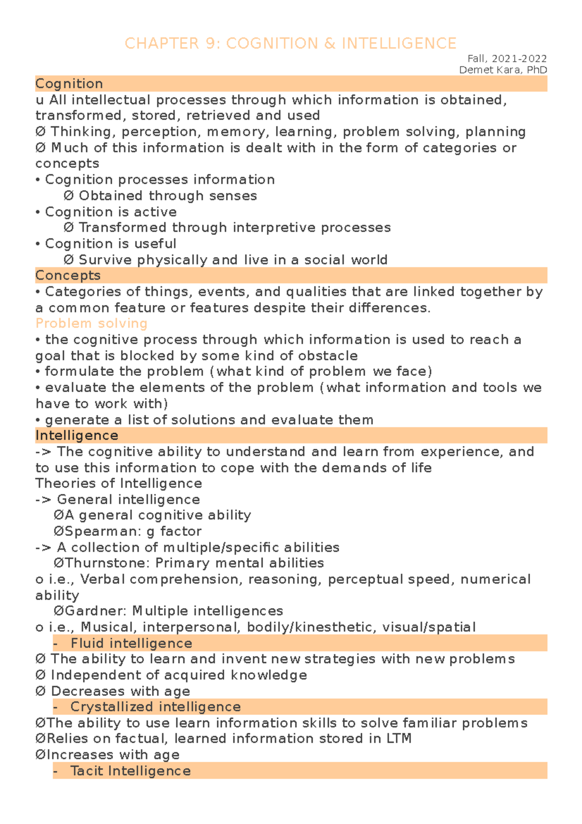 Ch9 - general psychology lecture notes - CHAPTER 9: COGNITION ...