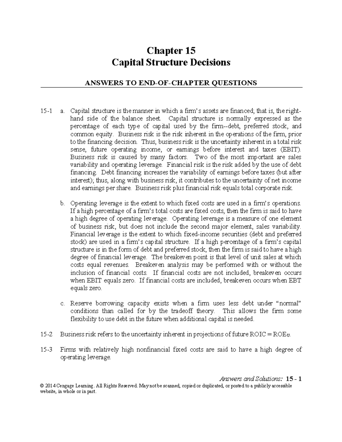 FM14e SM Ch15 (1) - For finance students - Chapter 15 Capital Structure Decisions ANSWERS TO ...