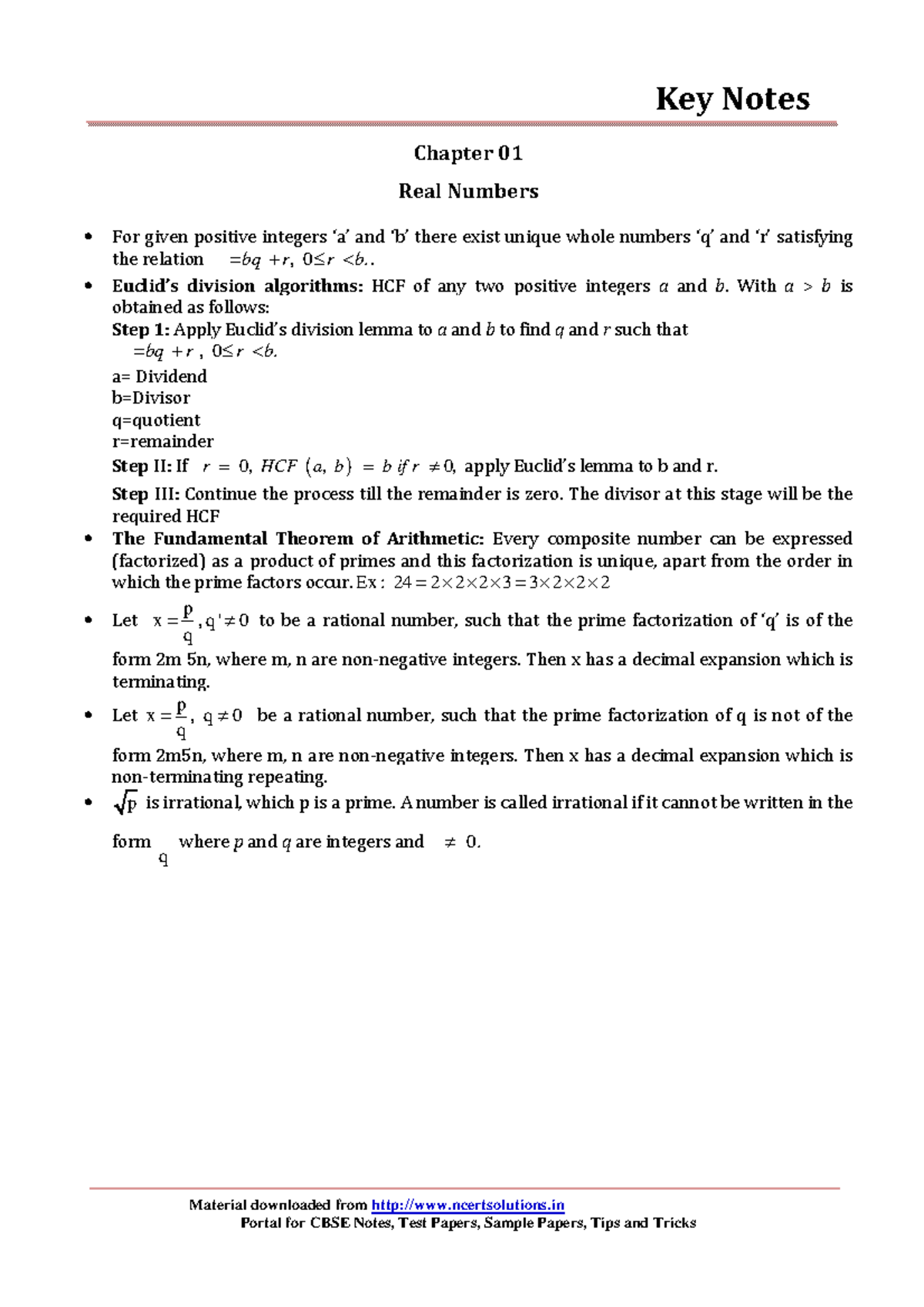 10 maths key notes ch 01 real numbers - Key Notes Material downloaded ...