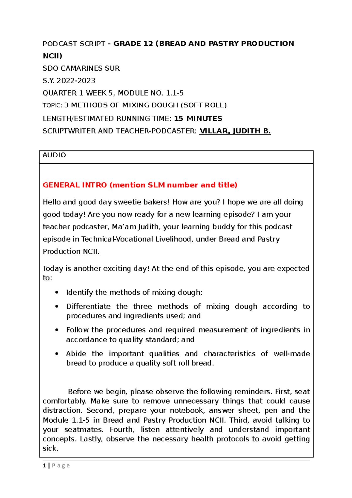 Podcast IN BPP G12- Villar - PODCAST SCRIPT - GRADE 12 (BREAD AND ...