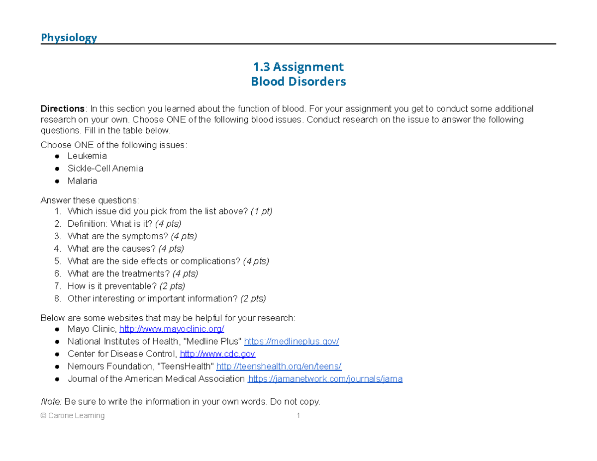 Copy of 1 3assignment blooddisorders.docx Completed - Physiology 1 ...