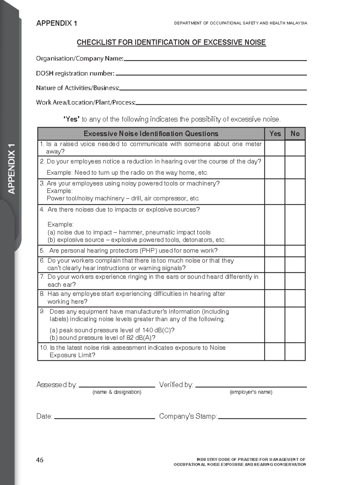 Appendix 1 ICOP (NEW) - APPENDIX 1 CHECKLIST FOR IDENTIFICATION OF EXCESSIVE NOISE - Studocu