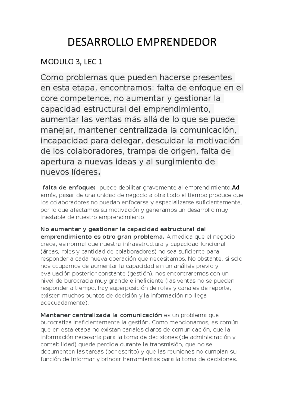 Desarrollo Emprendedor - DESARROLLO EMPRENDEDOR MODULO 3, LEC 1 Como problemas que pueden ...