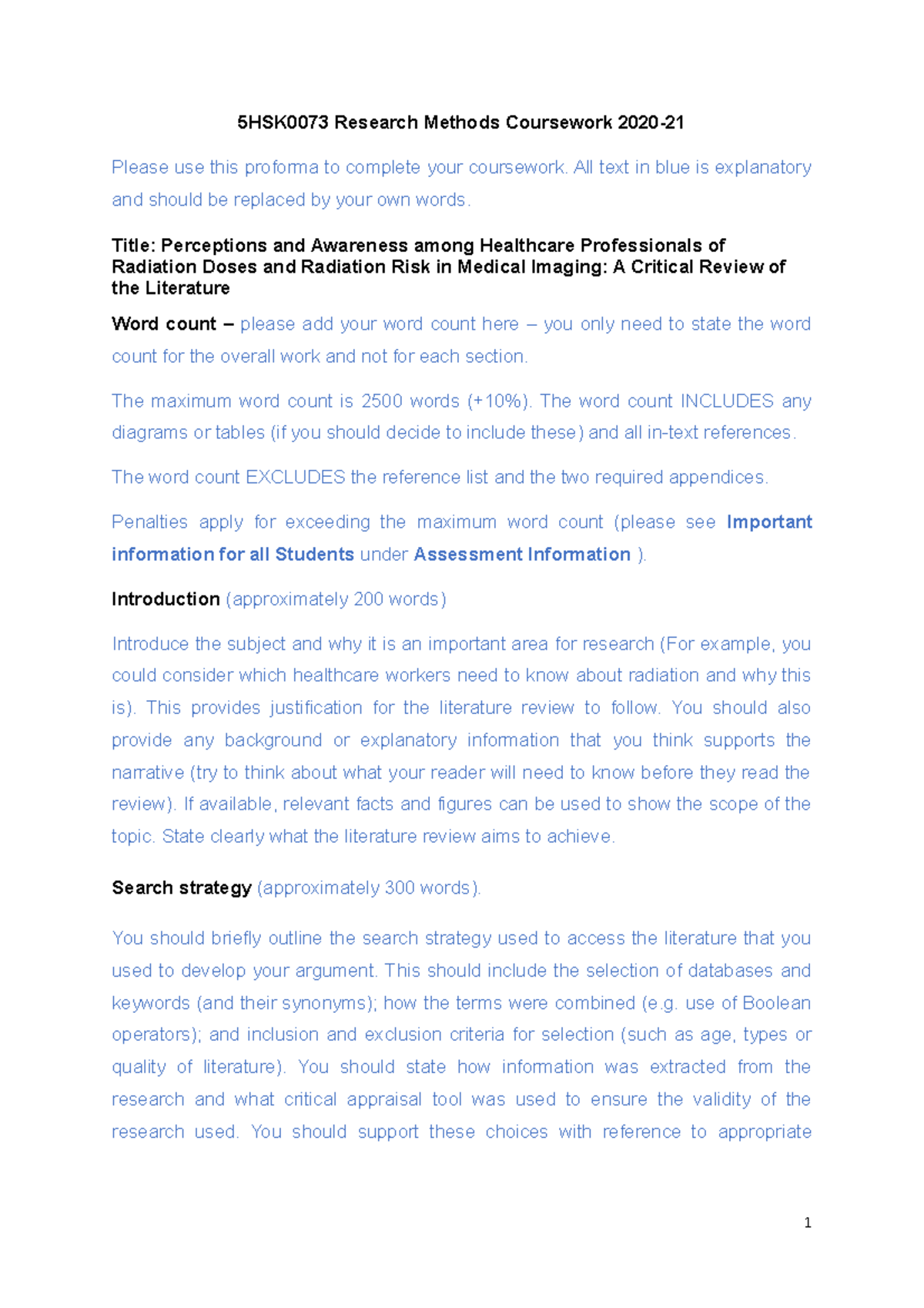 5HSK0073 Research Methods Coursework proforma 2020 - 5HSK0073 Research ...