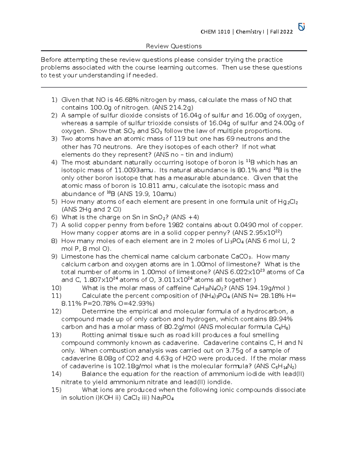 Review Questions - practice materials - CHEM 1010 | Chemistry I | Fall ...