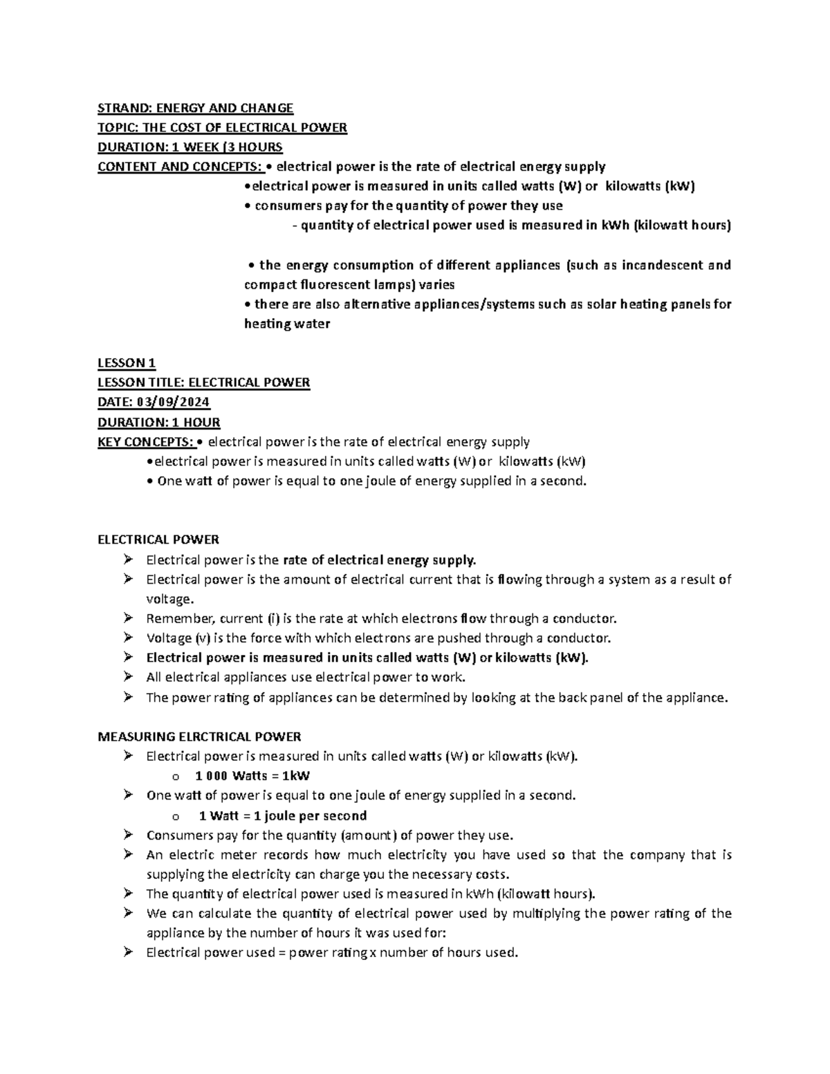 GR 9 COST OF Electrical Power - STRAND: ENERGY AND CHANGE TOPIC: THE ...