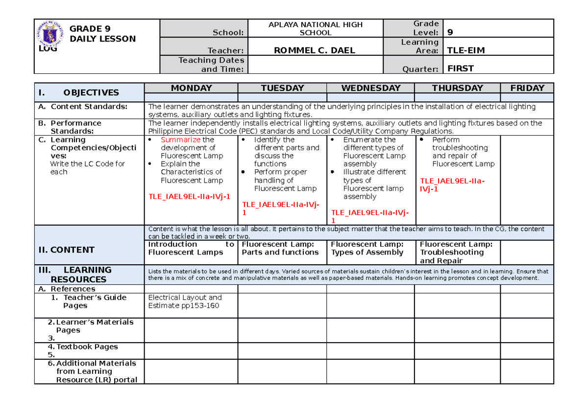 Week 07 - n/a - GRADE 9 DAILY LESSON LOG School: APLAYA NATIONAL HIGH ...