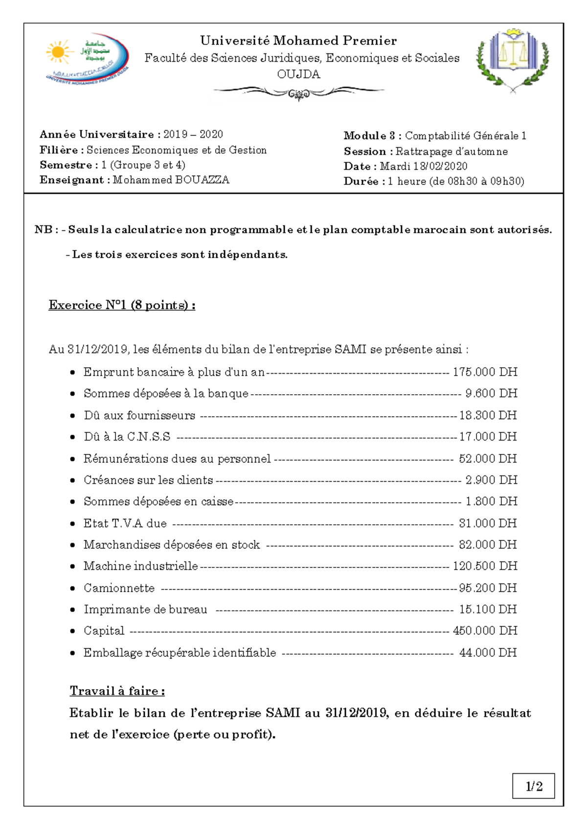 Examen+correction rattrapage S1 compt - NB : - Seuls la calculatrice ...