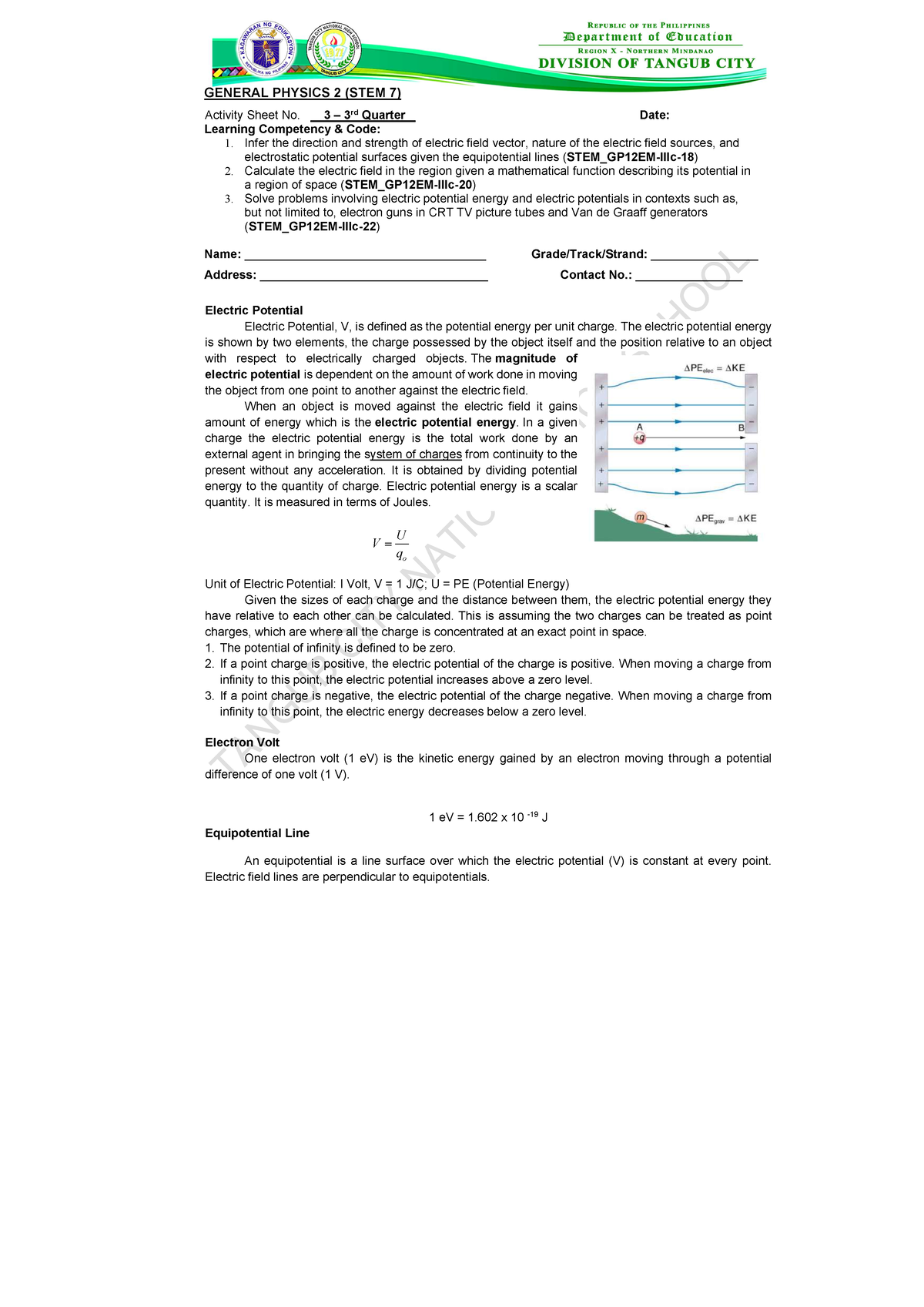 Electric-Potential-Energy - GENERAL PHYSICS 2 (STEM 7) Activity Sheet ...