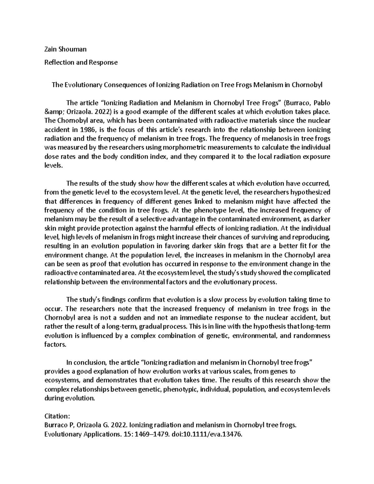 Evolution paper 2 - Zain Shouman Reflection and Response The ...