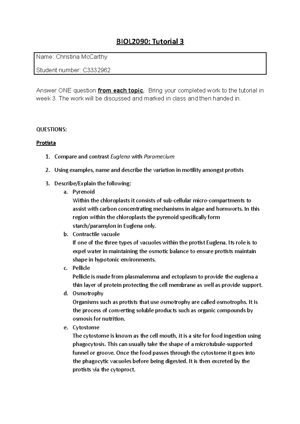 BIOL2090 tutorial 3 - BIOL2090: Tutorial 3 Name: Christina McCarthy ...