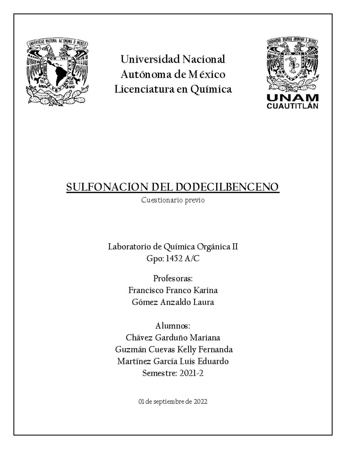 Previo 3 Sulfonación del Dodecilbenceno - Universidad Nacional AutÛnoma ...