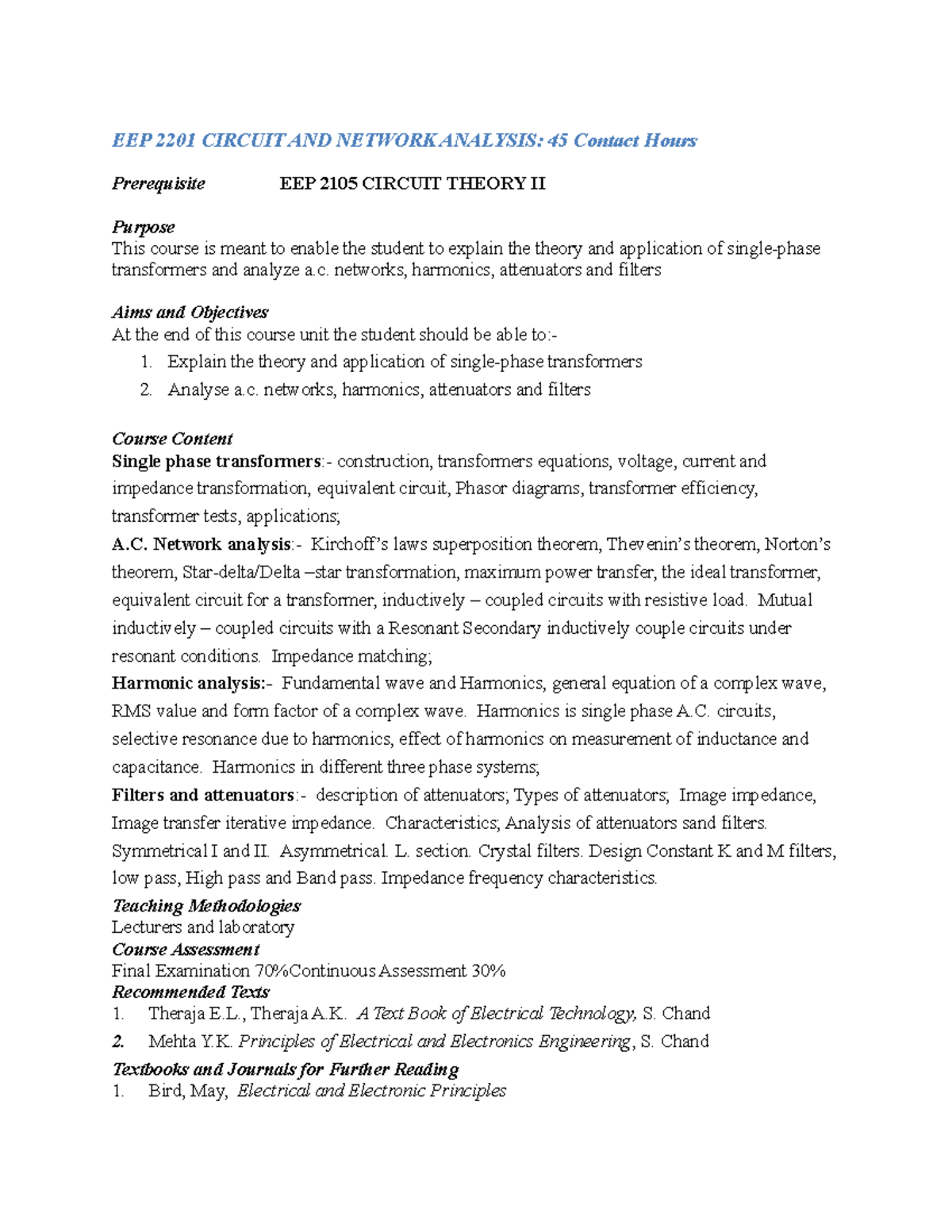 EEP 2201 Circuit AND Network Analysis - EEP 2201 CIRCUIT AND NETWORK ANALYSIS: 45 Contact Hours ...