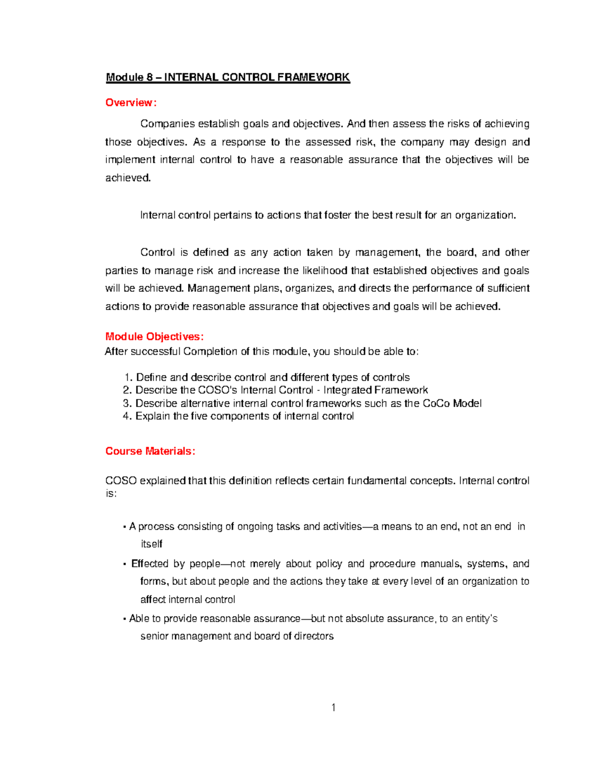 Module 8 Internal COntrol Framework - Module 8 – INTERNAL CONTROL ...