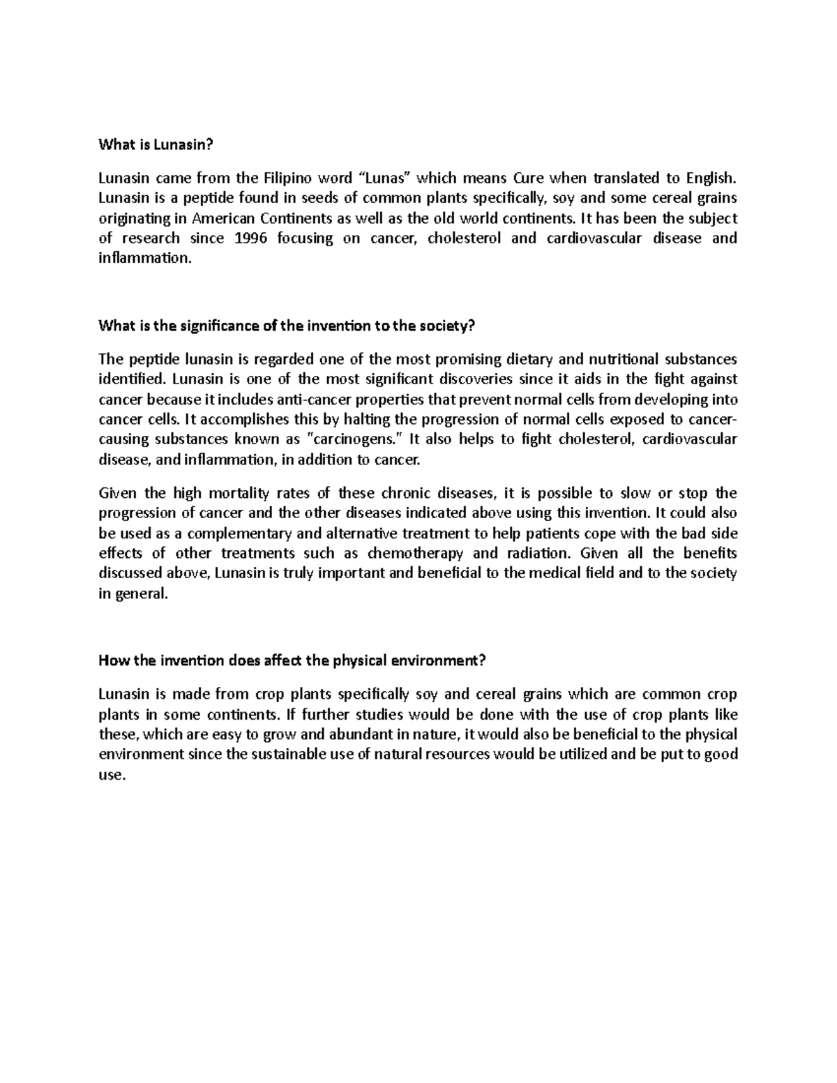 STS Filipino Invention - What is Lunasin? Lunasin came from the ...